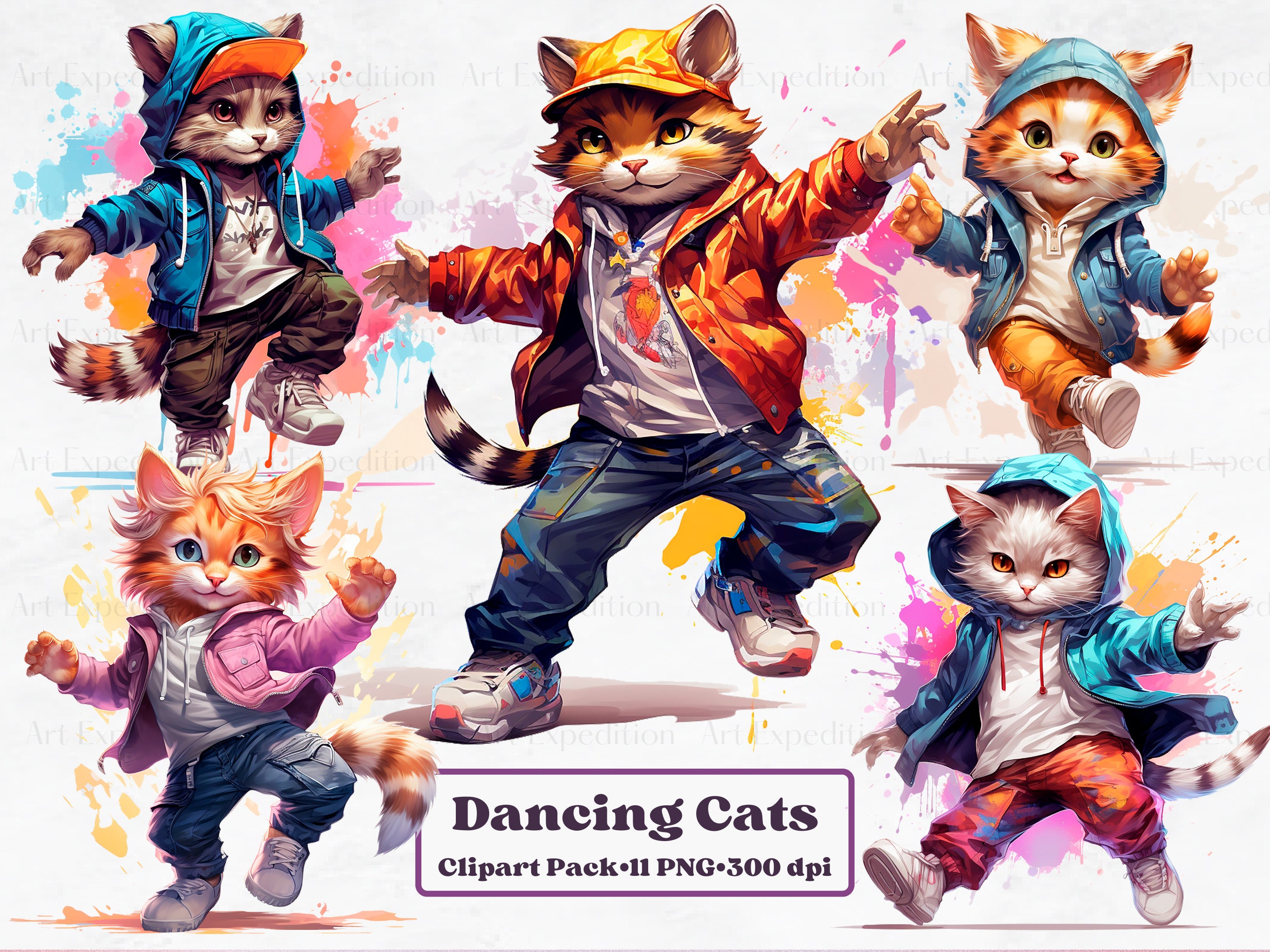 Dancing Cats Clipart Street Graffiti Style With Watercolor Vibrant Hip ...