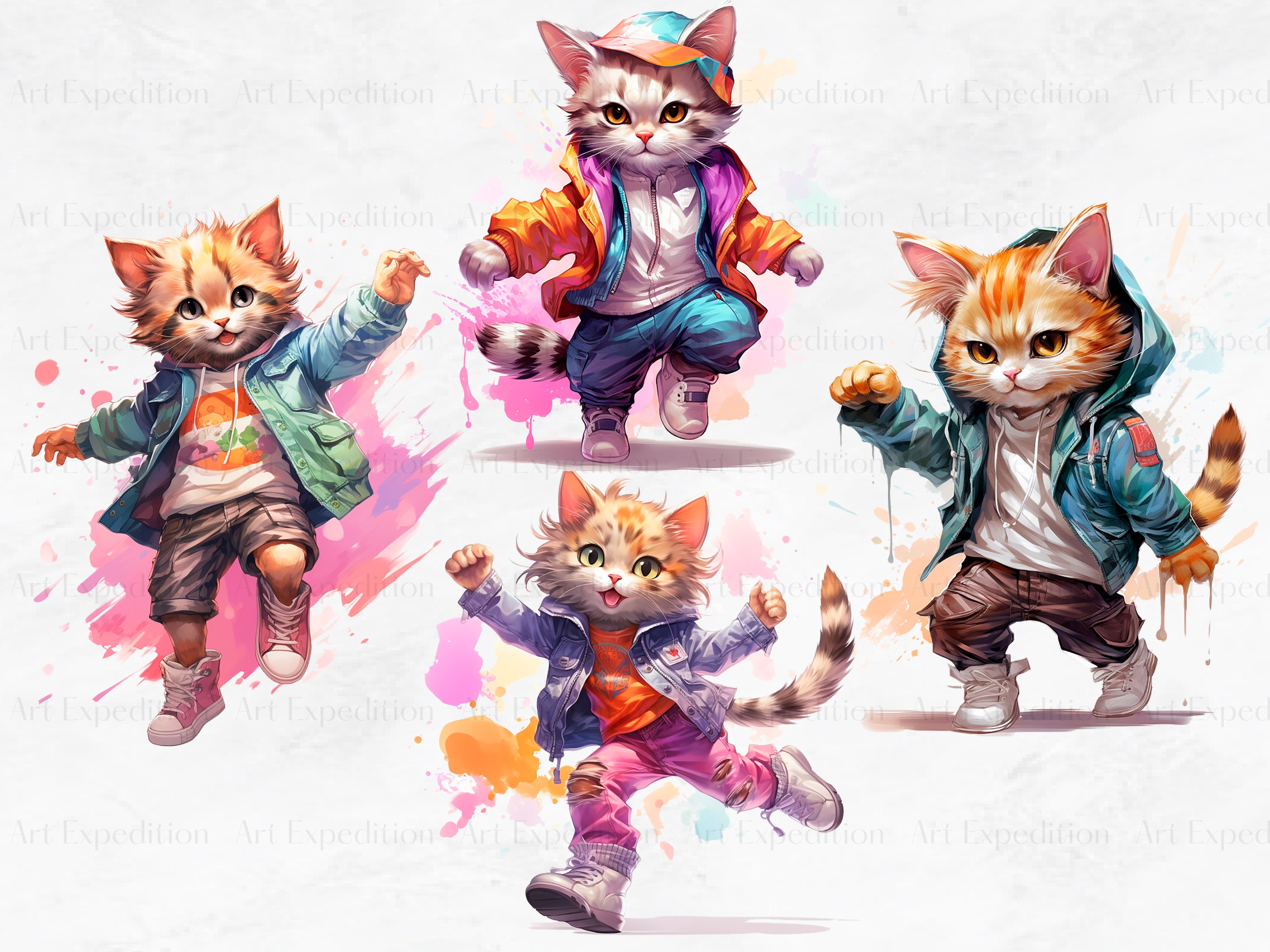 Dancing Cats Clipart Street Graffiti Style With Watercolor Vibrant Hip ...