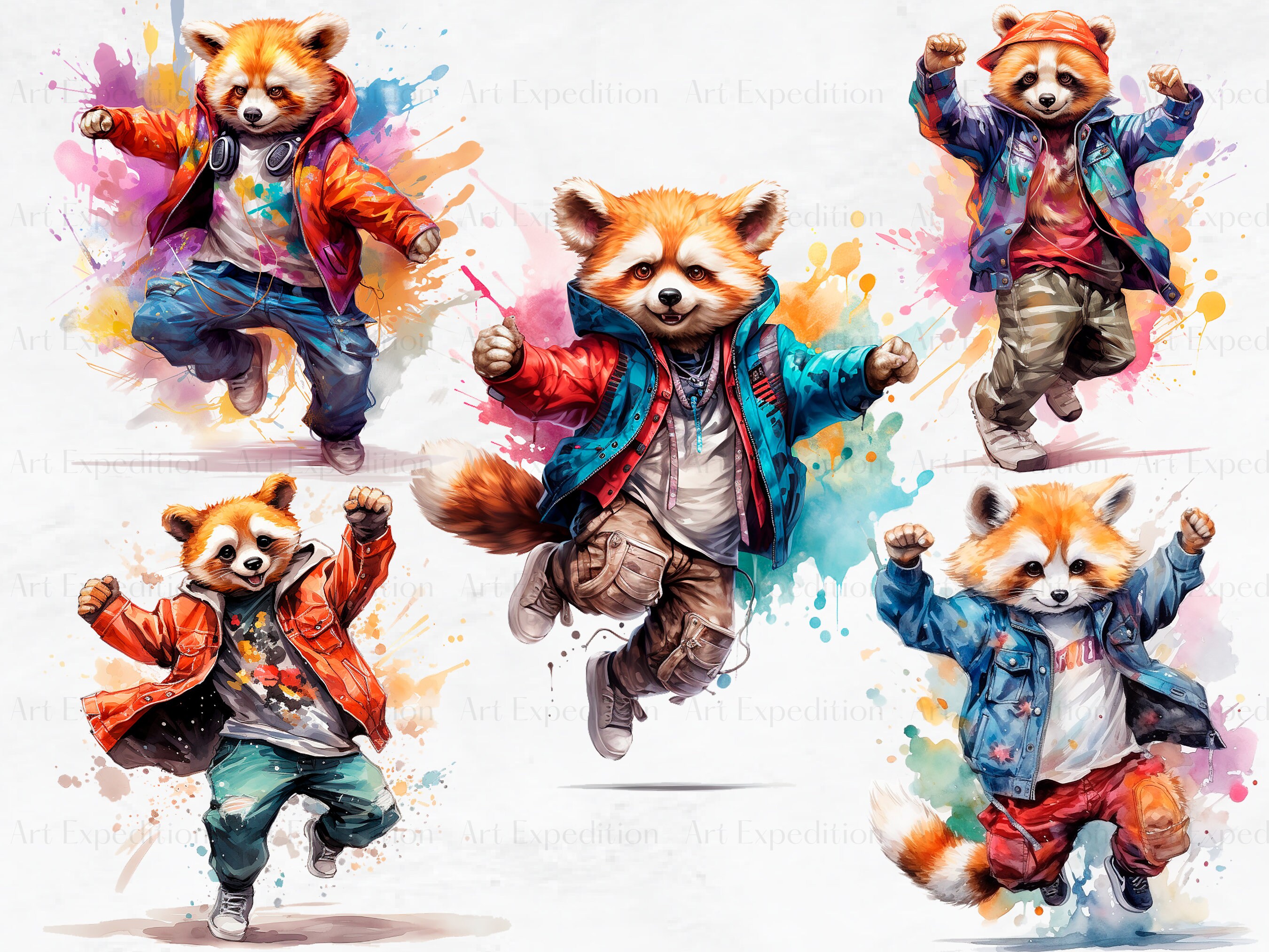 Watercolor Dancing Red Pandas Clipart Cute Grooving Animals Dressed in ...