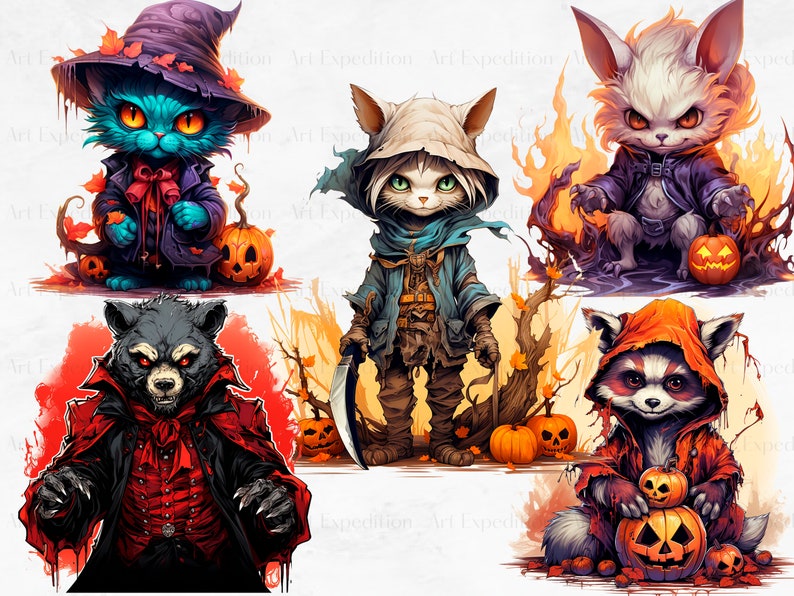 Scary Halloween Animals Clipart Spooky Creepy Cats Bats - Etsy