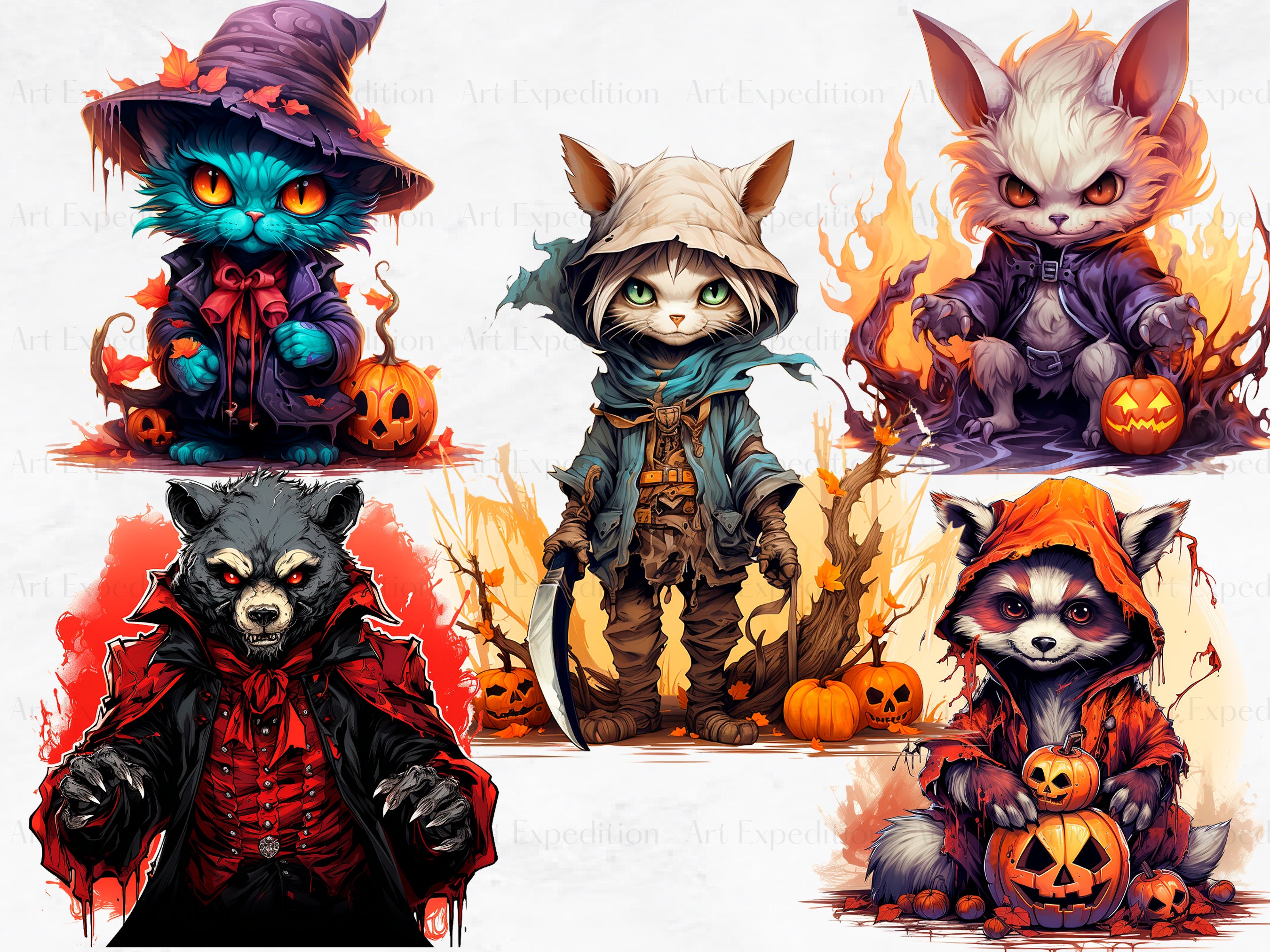 Scary Halloween Animals Clipart Spooky Creepy Cats Bats - Etsy