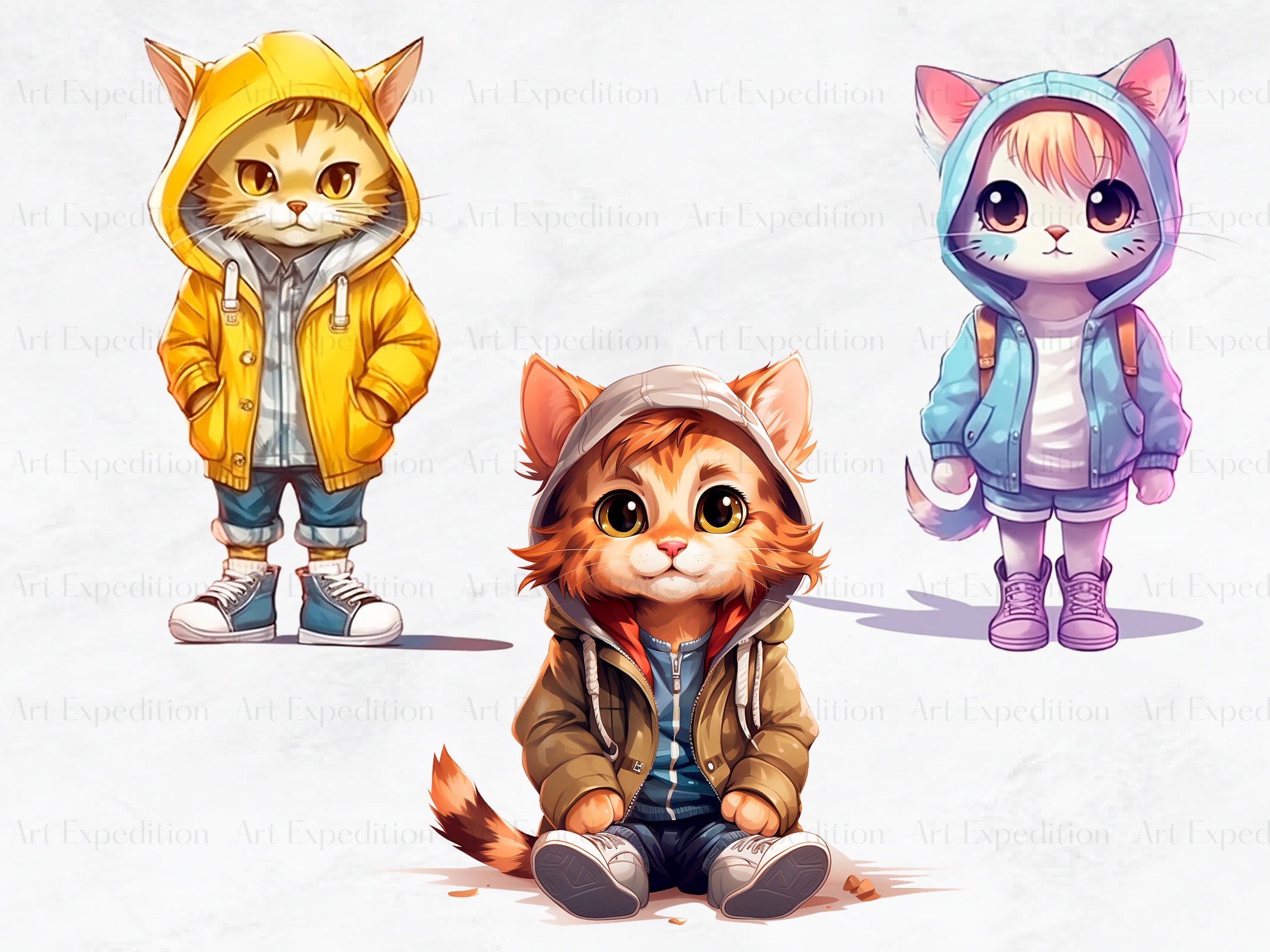 Stylish Cats Clipart Cute Humanized Kittens Wearing Fancy Clothes ...