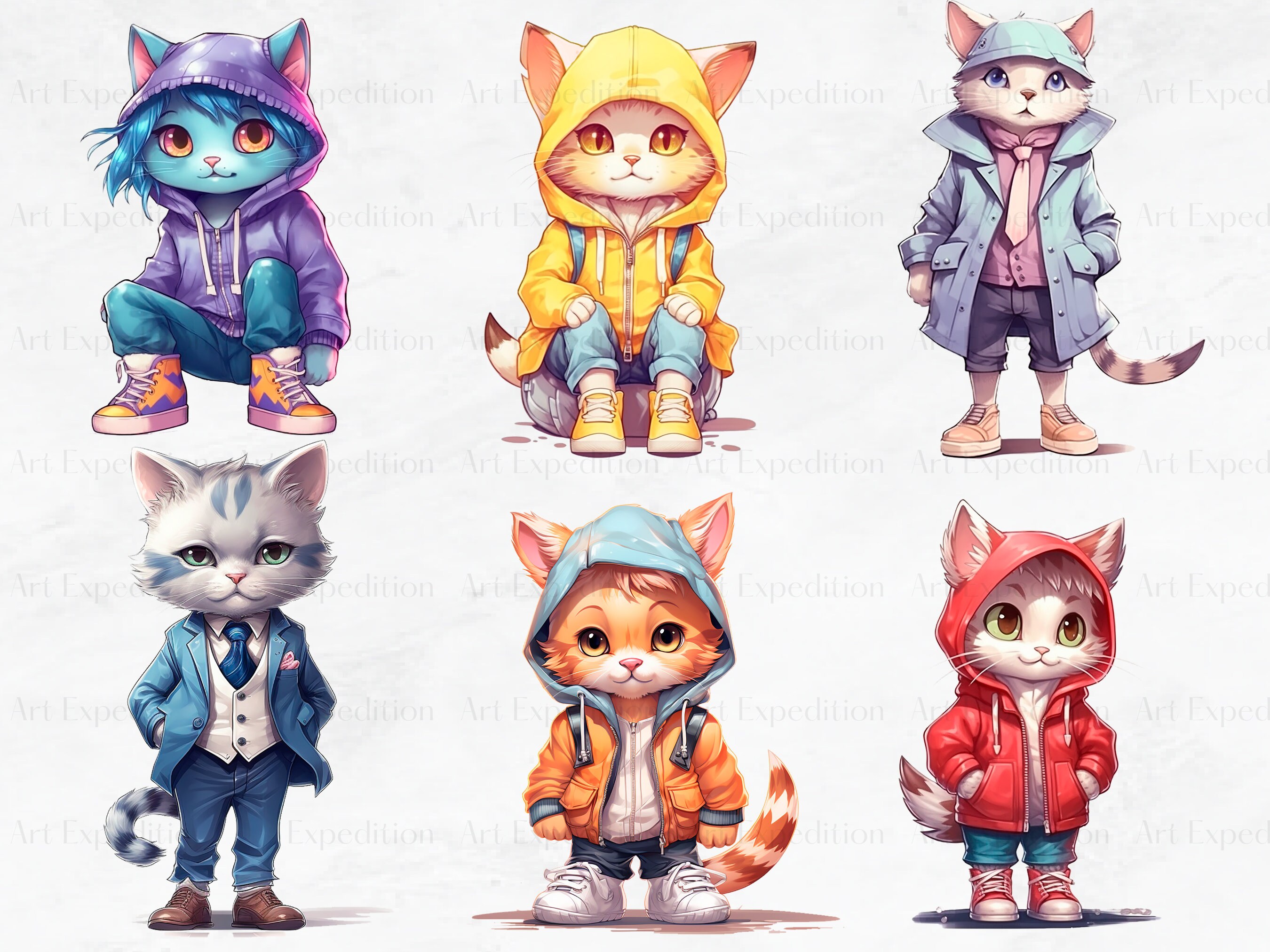 Stylish Cats Clipart Cute Humanized Kittens Wearing Fancy Clothes ...