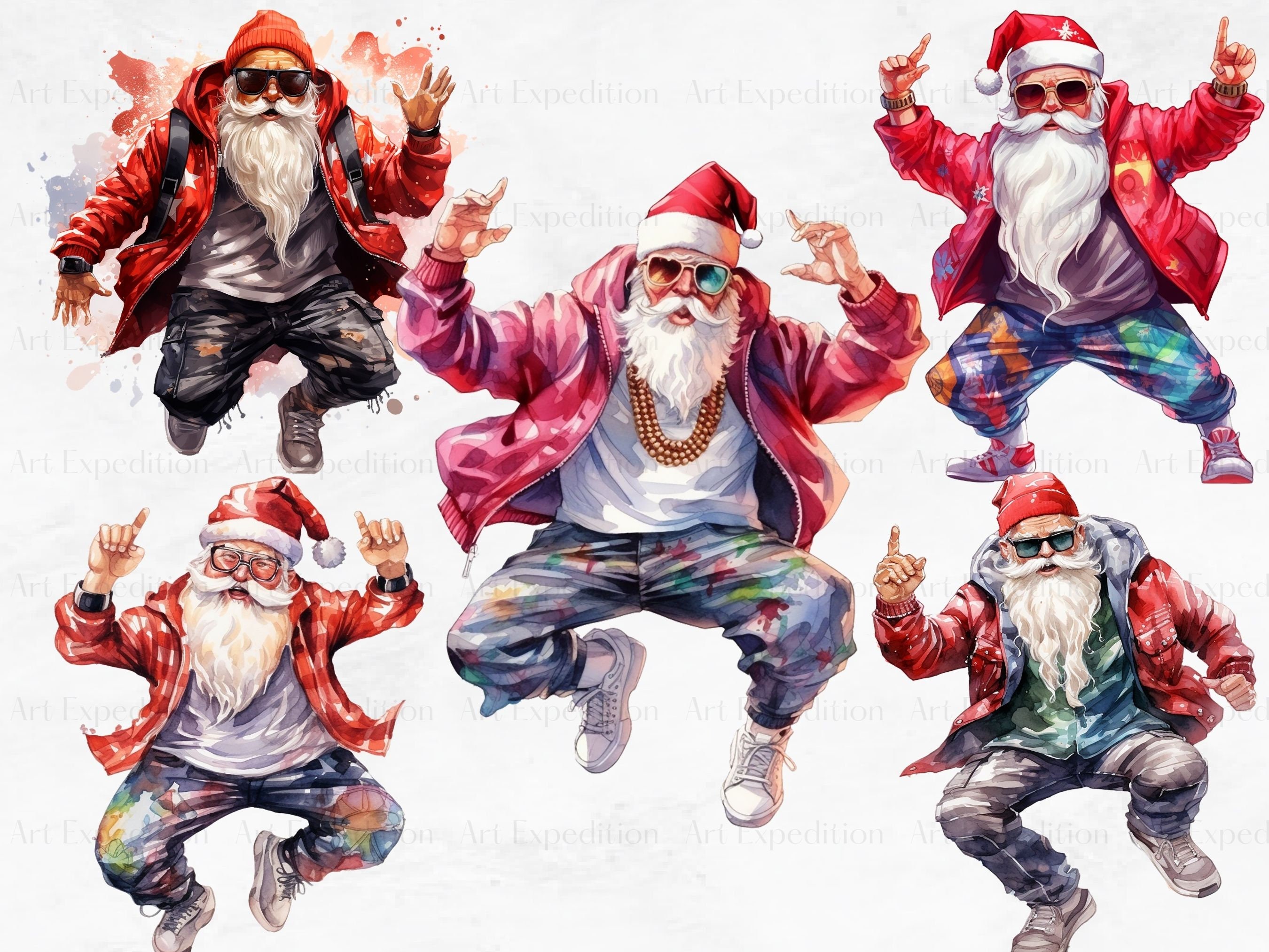 Funky Santa Claus Clipart Watercolor Style Christmas Hip-hop Street ...