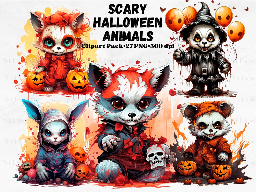 Scary Halloween Animals Clipart Spooky, Creepy Cats, Bats, Bears ...