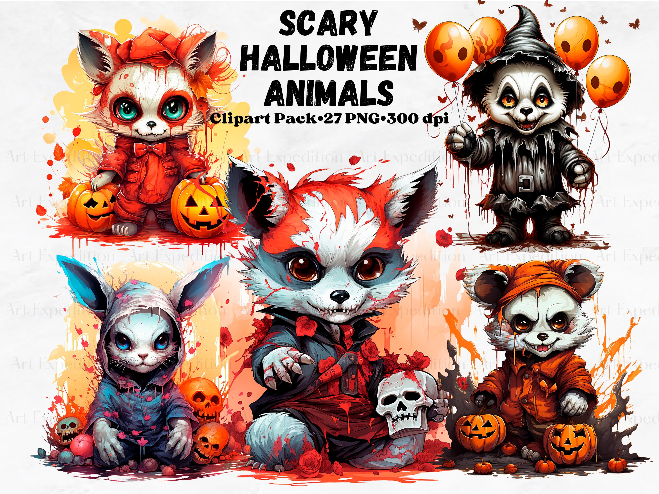 Scary Halloween Animals Clipart Spooky Creepy Cats Bats - Etsy