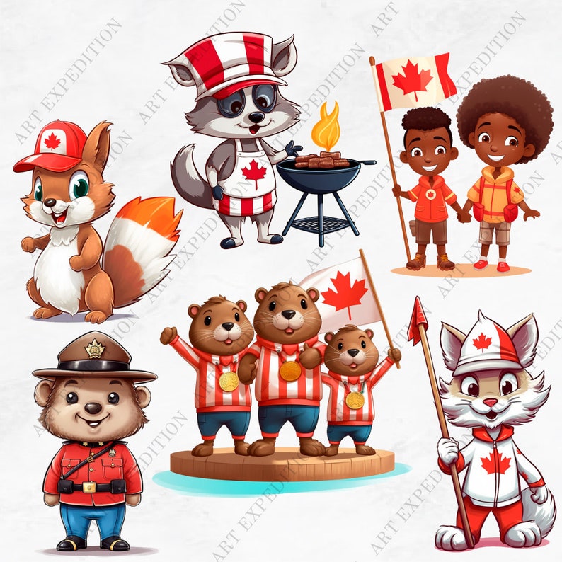 Canada Day Clipart Cute Animals and Kids in PNG Format Instant Download ...