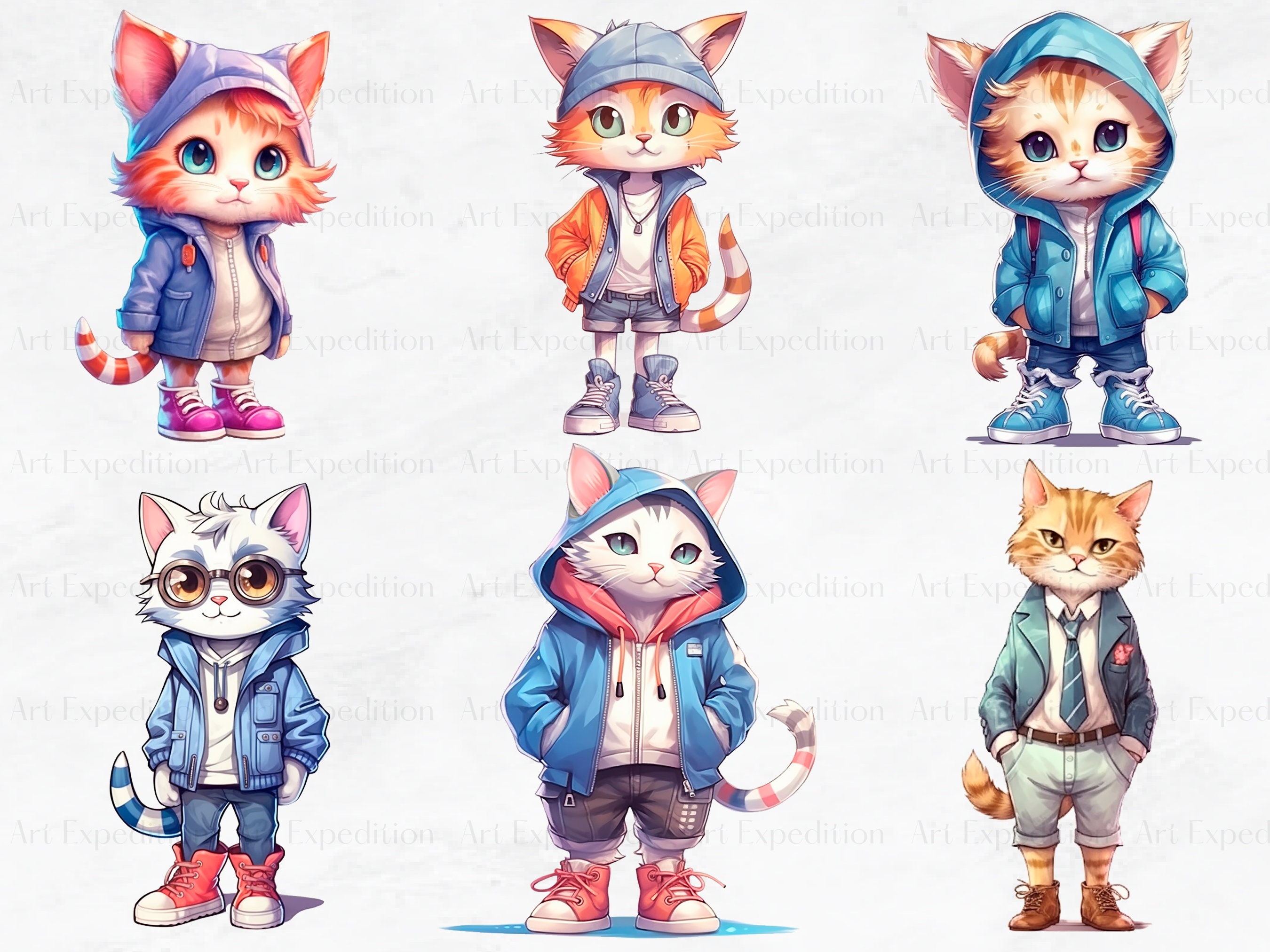 Stylish Cats Clipart Cute Humanized Kittens Wearing Fancy Clothes ...