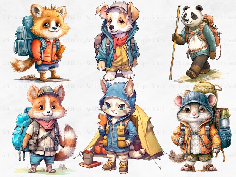 Hiking Animals Clipart Cute Humanized Animals Outdoors - Etsy