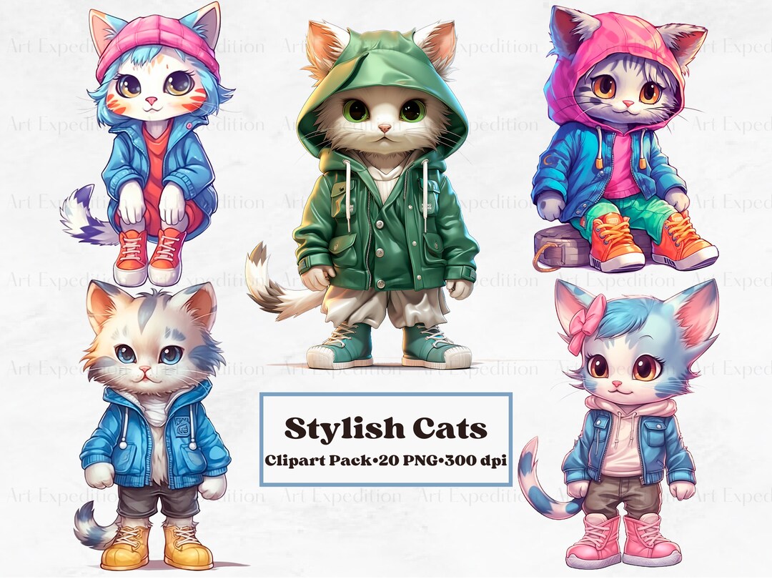 Stylish Cats Clipart Cute Humanized Kittens Wearing Fancy Clothes ...
