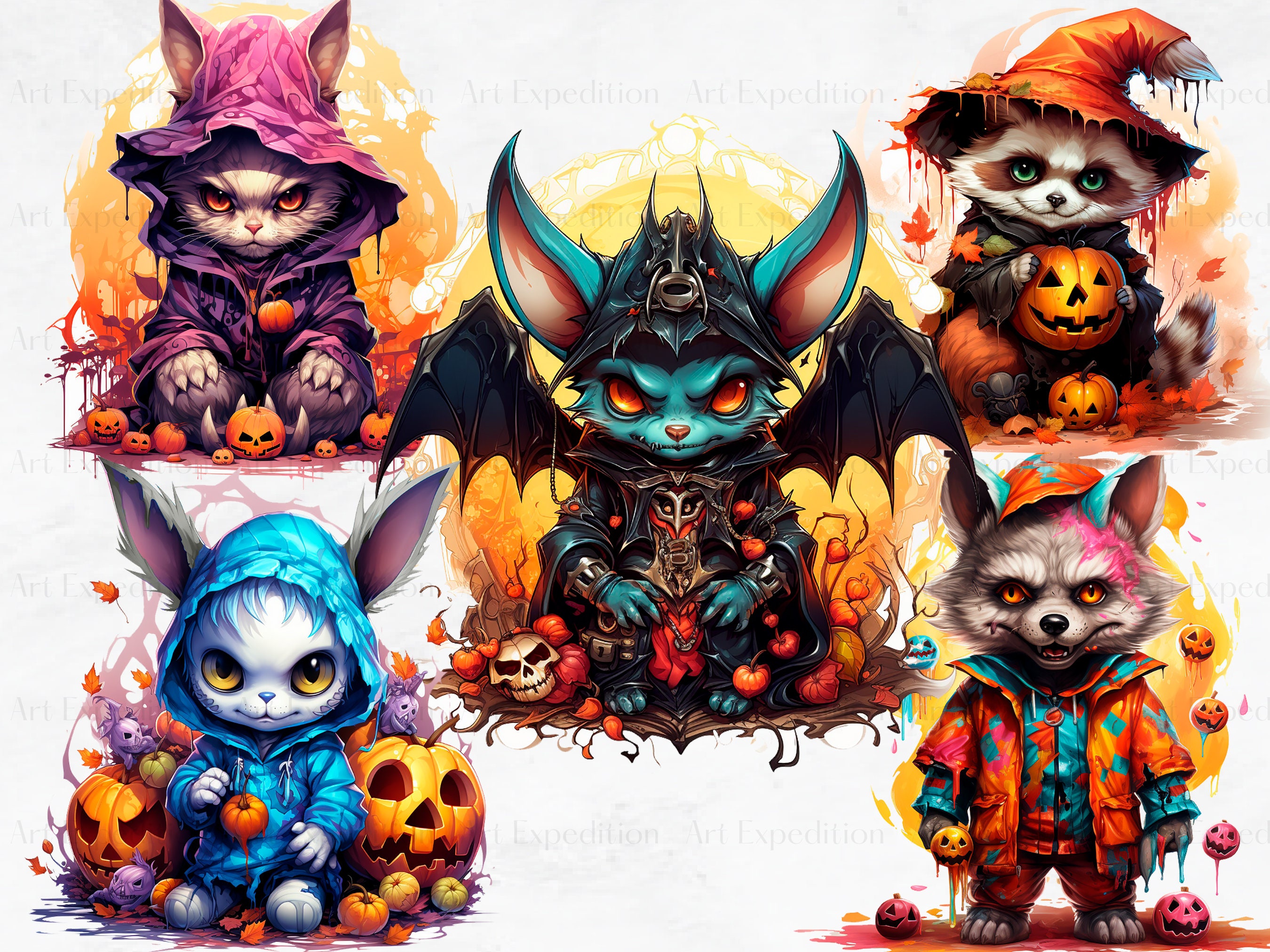 Scary Halloween Animals Clipart Spooky Creepy Cats Bats - Etsy