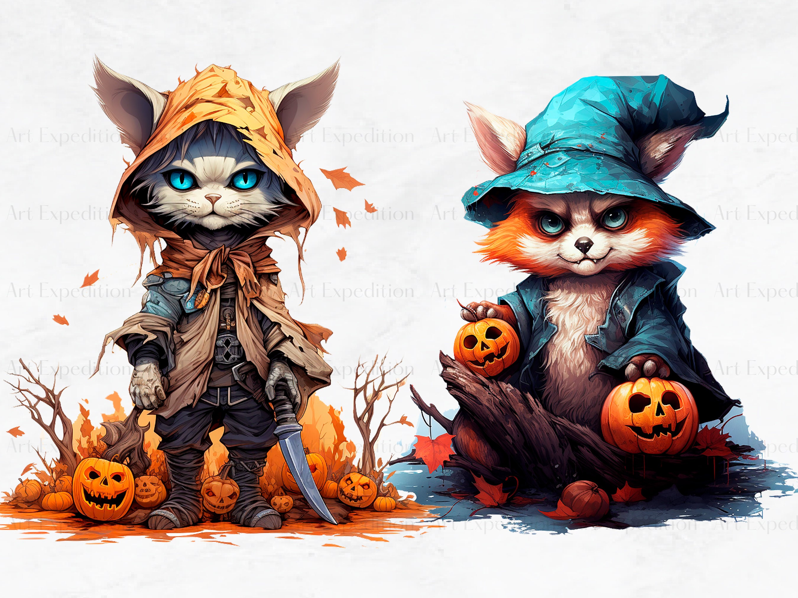 Scary Halloween Animals Clipart Spooky Creepy Cats Bats - Etsy