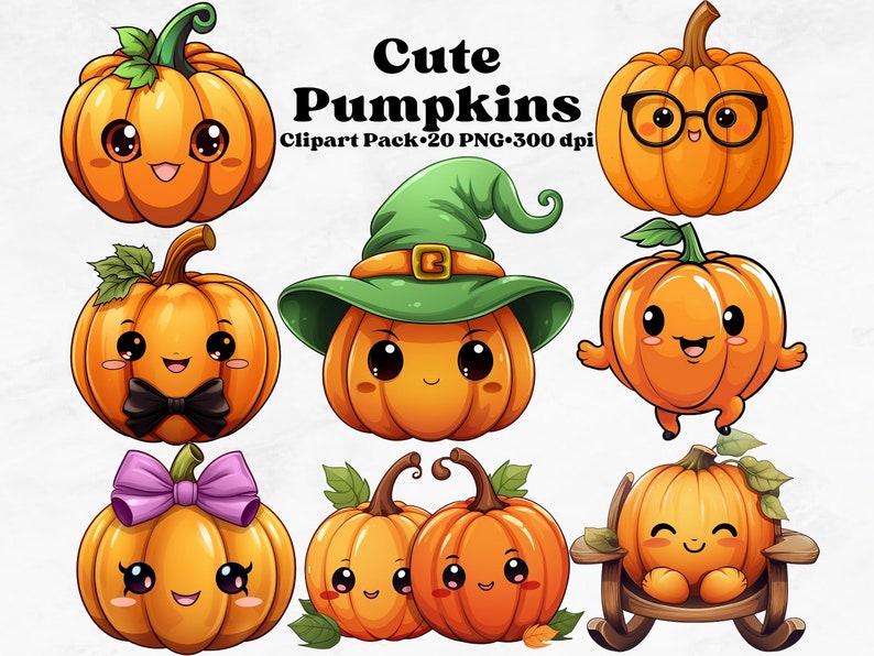 Cute Pumpkins Anime Style Clipart Orange Kawaii Halloween - Etsy