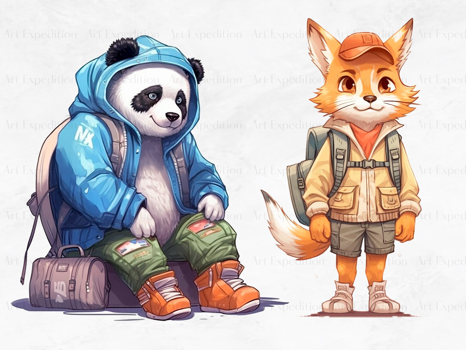 Hiking Animals Clipart Cute Humanized Animals Outdoors - Etsy