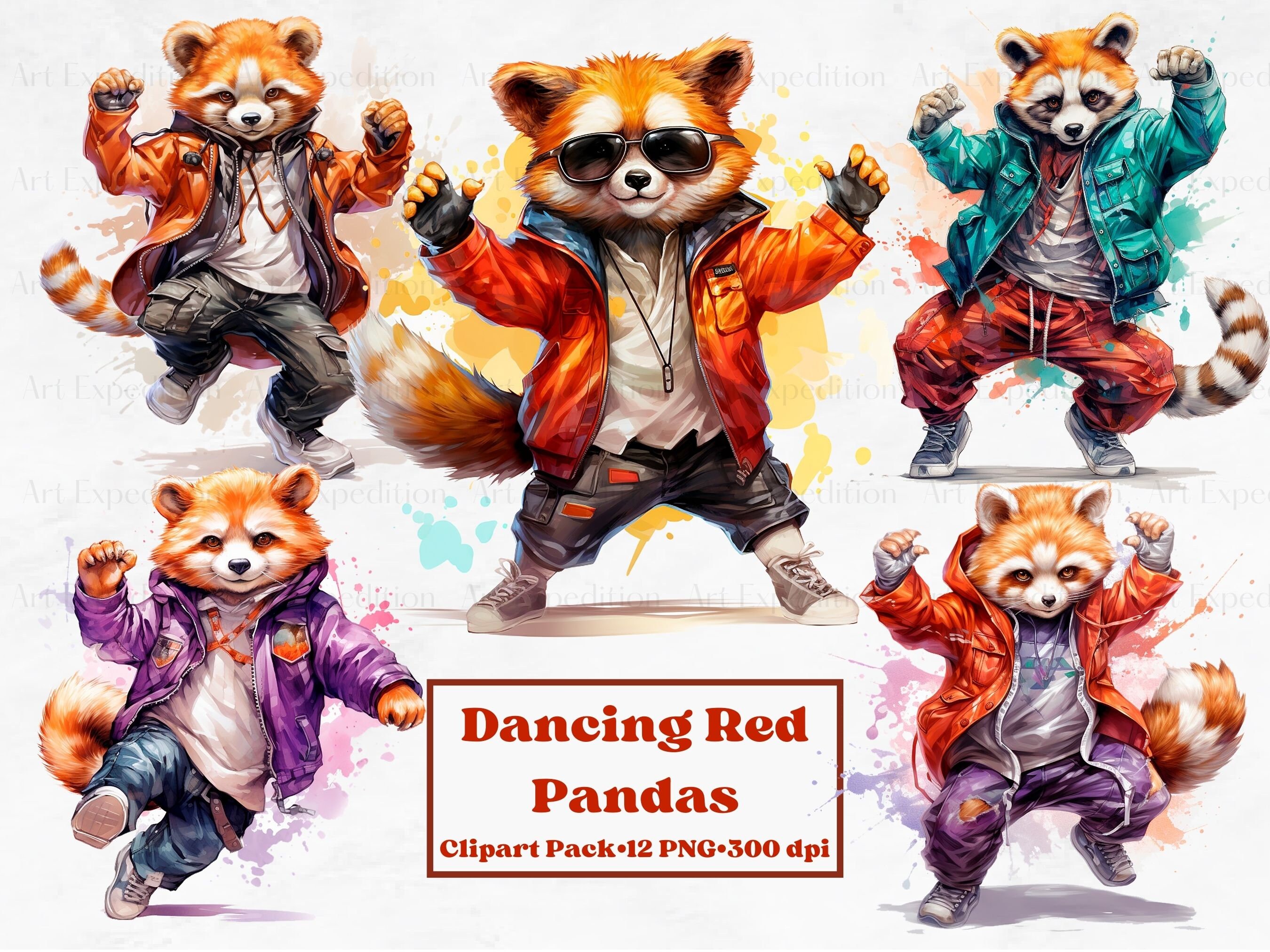 Watercolor Dancing Red Pandas Clipart Cute Grooving Animals Dressed in ...