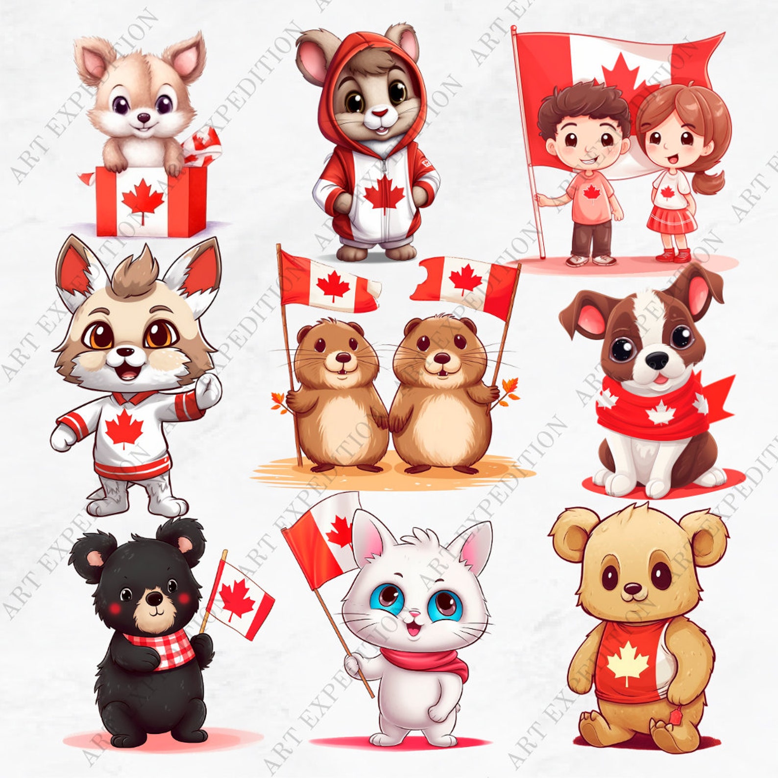 Canada Day Clipart Cute Animals and Kids in PNG Format Instant Download ...