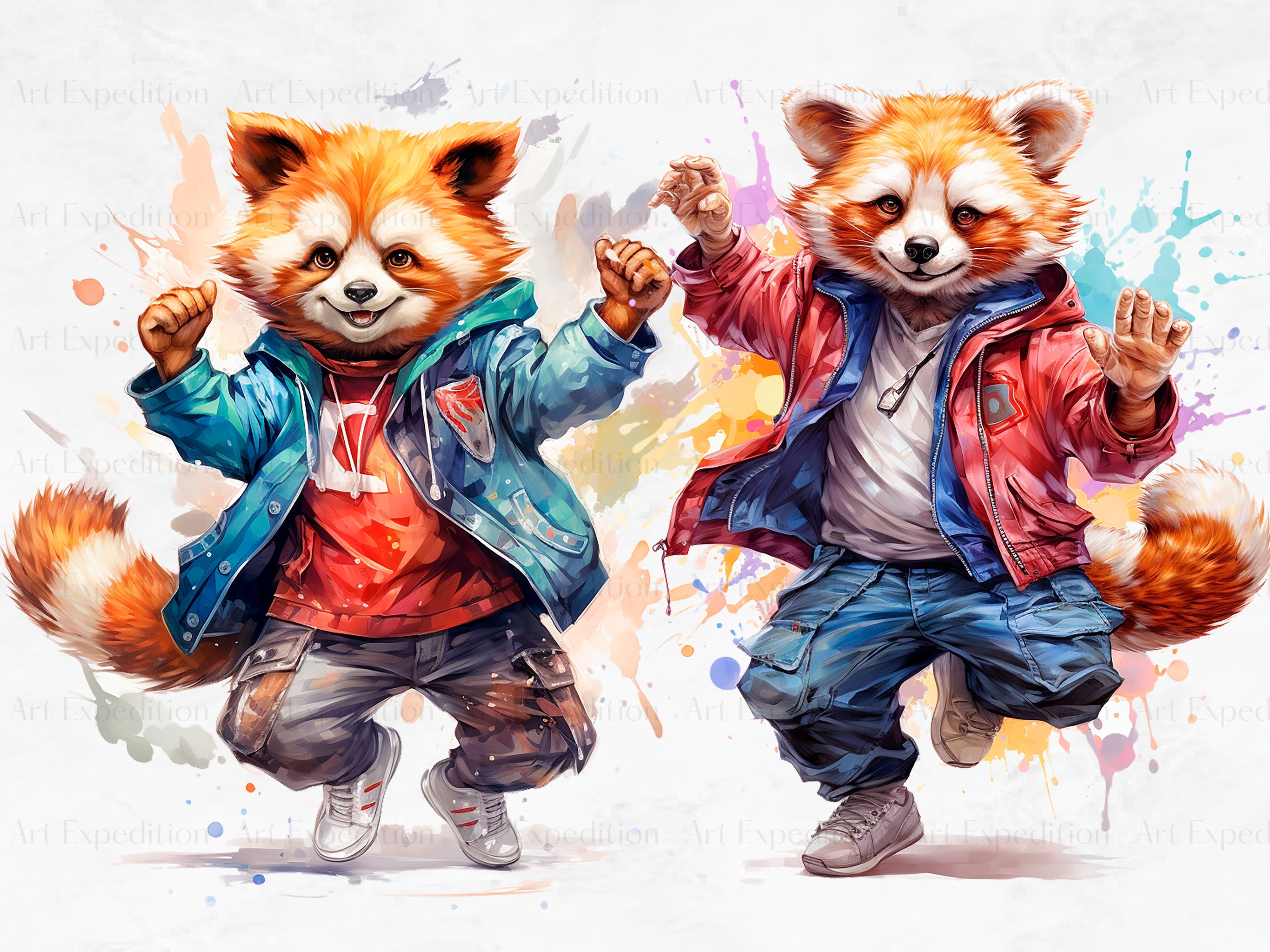 Watercolor Dancing Red Pandas Clipart Cute Grooving Animals Dressed in ...