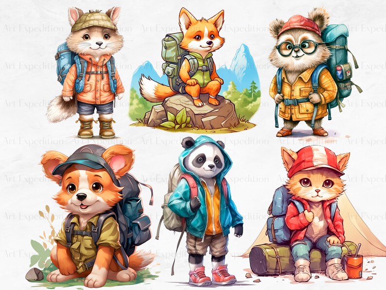 Hiking Animals Clipart Cute Humanized Animals Outdoors - Etsy