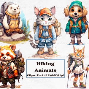 Hiking Animals Clipart Cute Humanized Animals Outdoors - Etsy