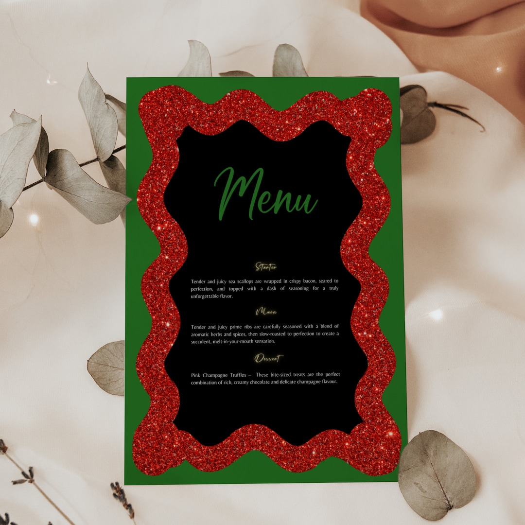Dinner Menu Template Wavy Border Xmas Party Printable DIY Table ...