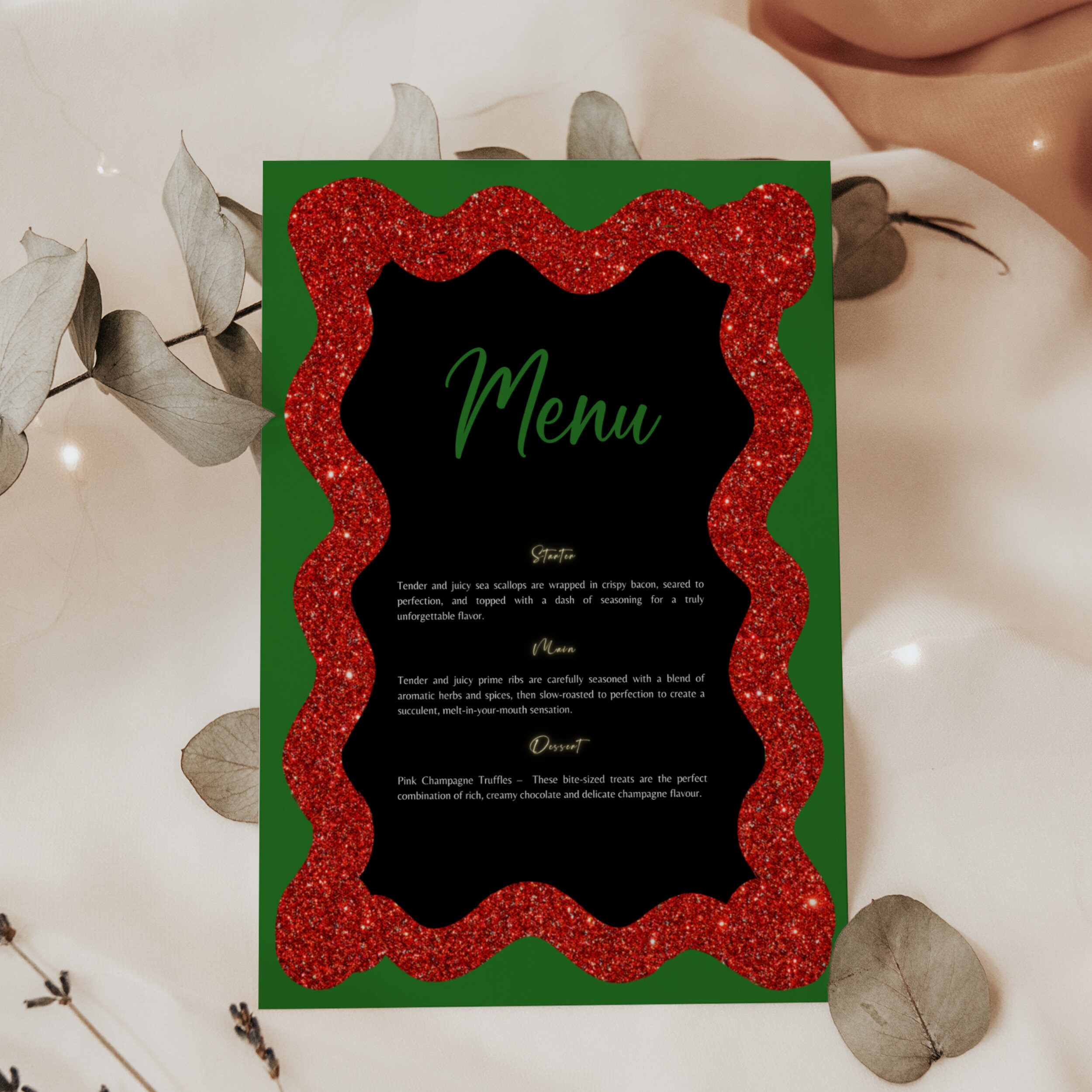 Dinner Menu Template Wavy Border Xmas Party Printable DIY - Etsy