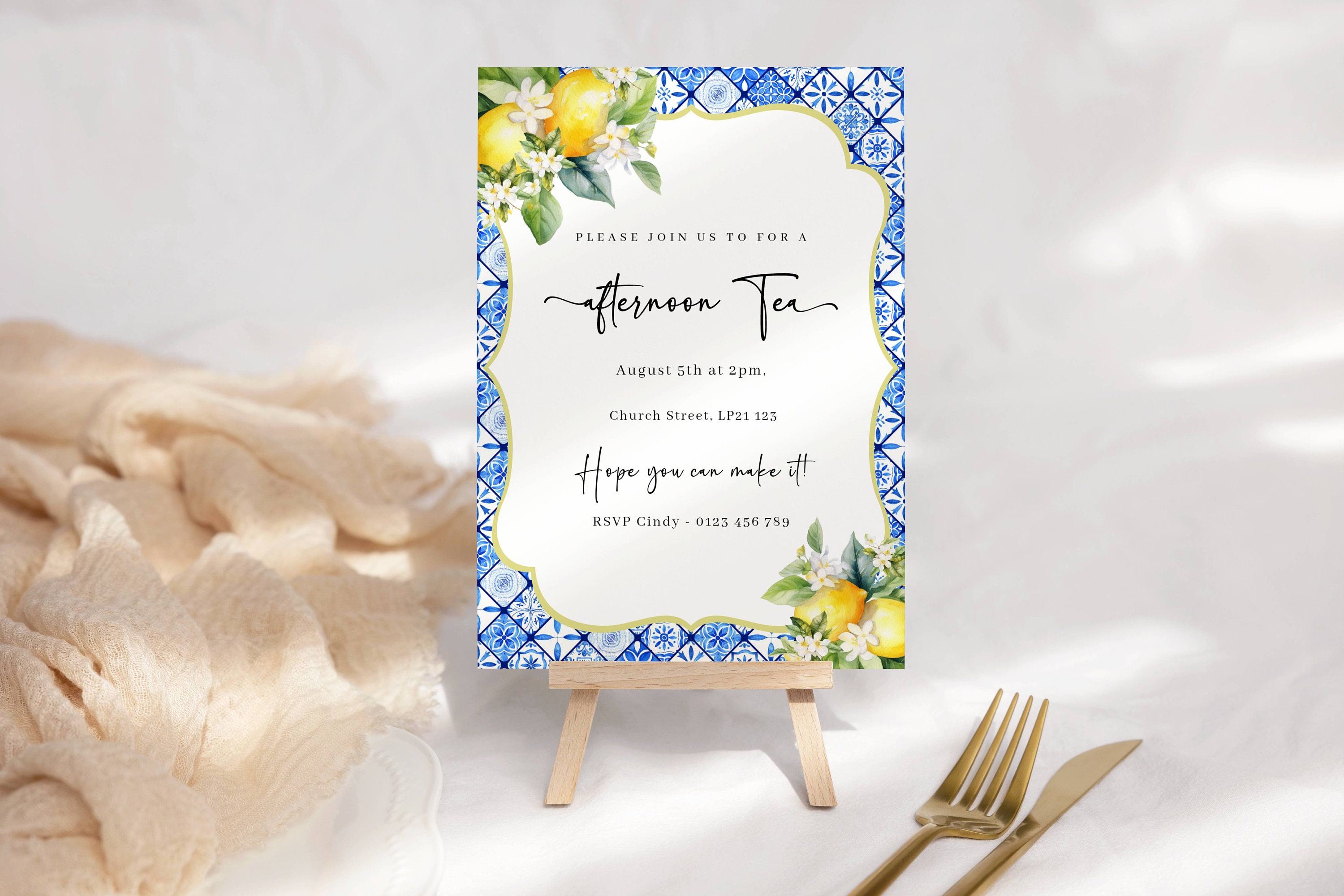 Afternoon Tea Invitation Blue Tile Editable Italian Style Template ...