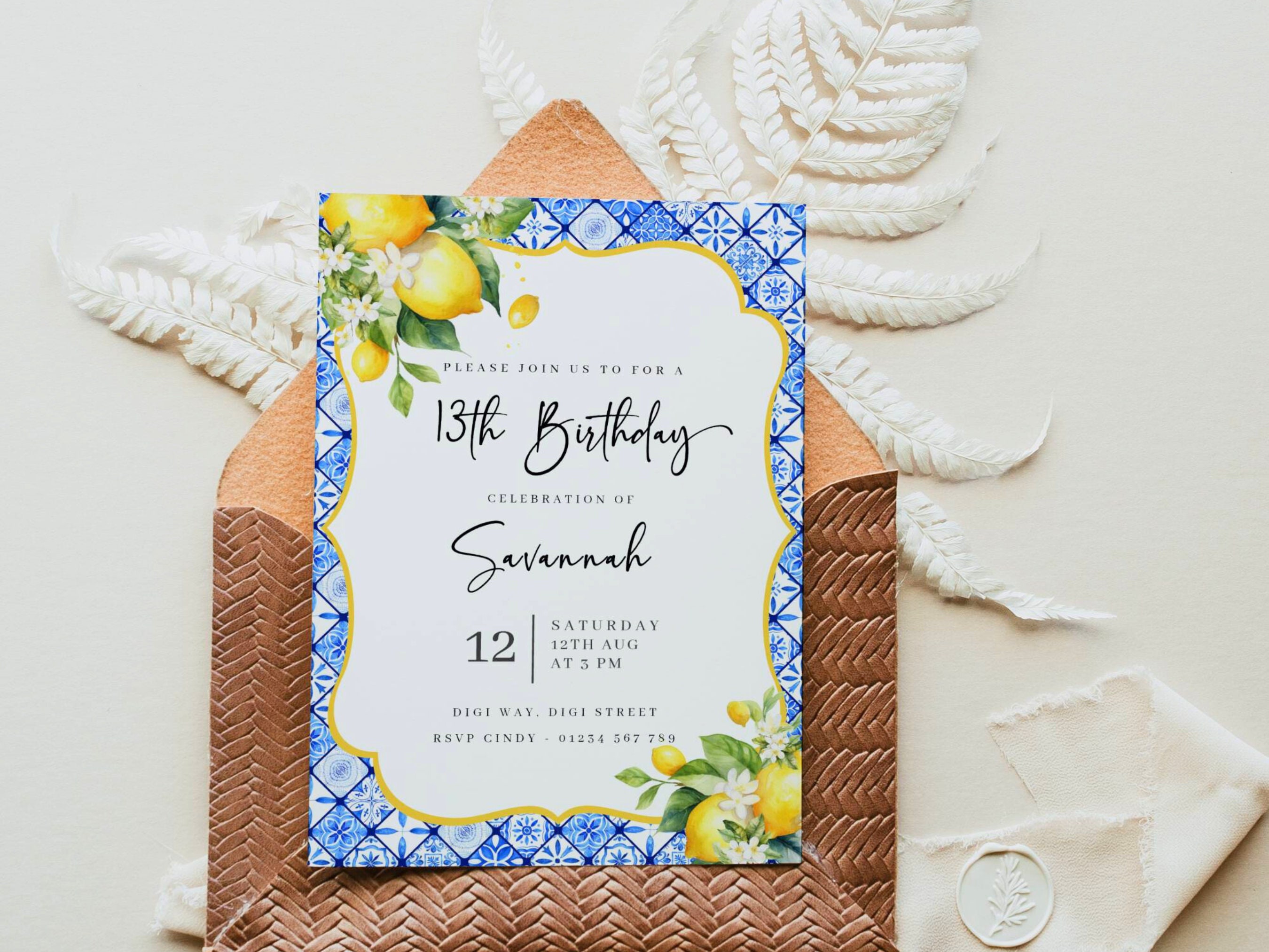 Italian Style Birthday Invitation Template Blue Tile Printable Invite ...