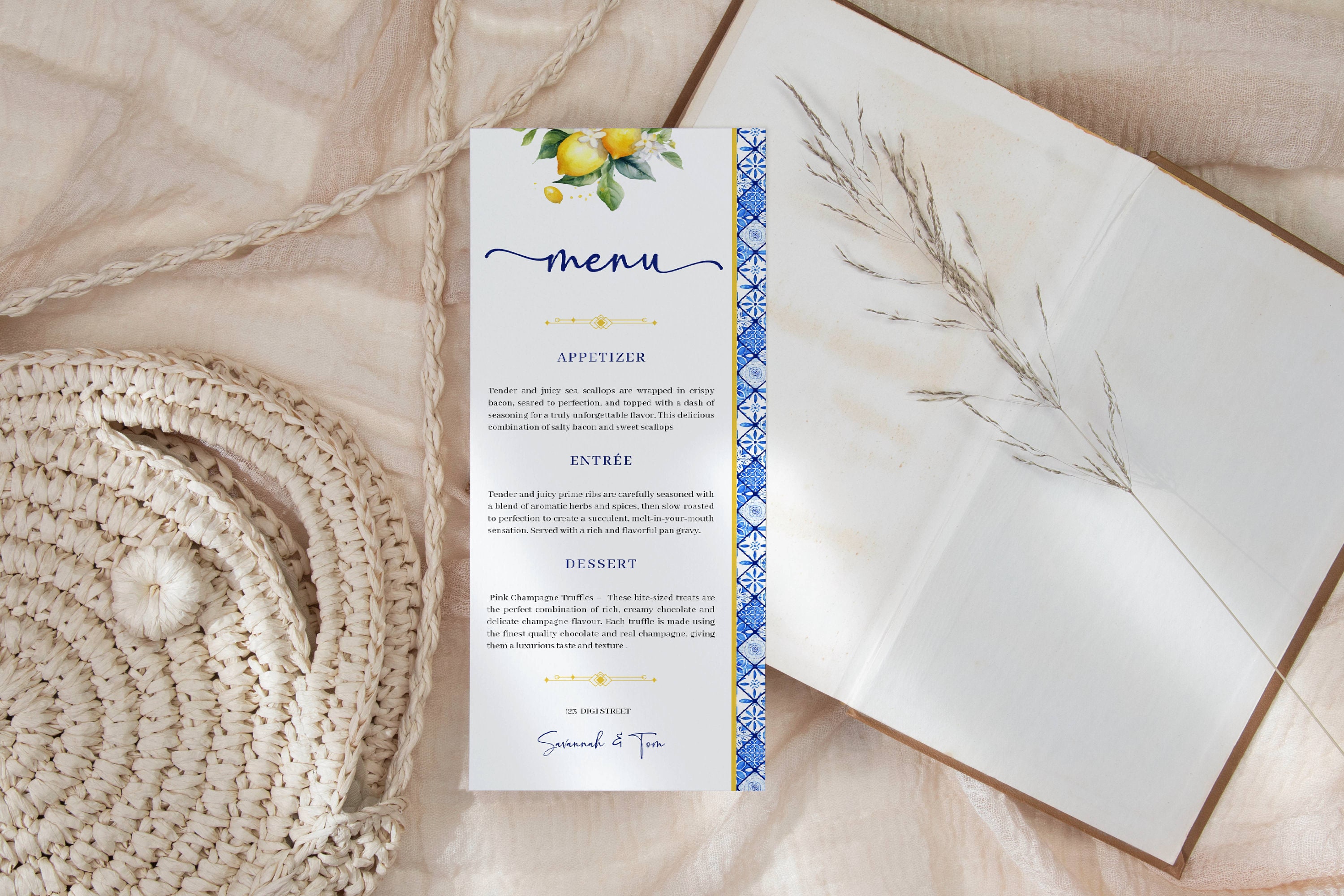 Wedding Menu Template Amalfi Italian Blue Editable Citrus Lemon ...