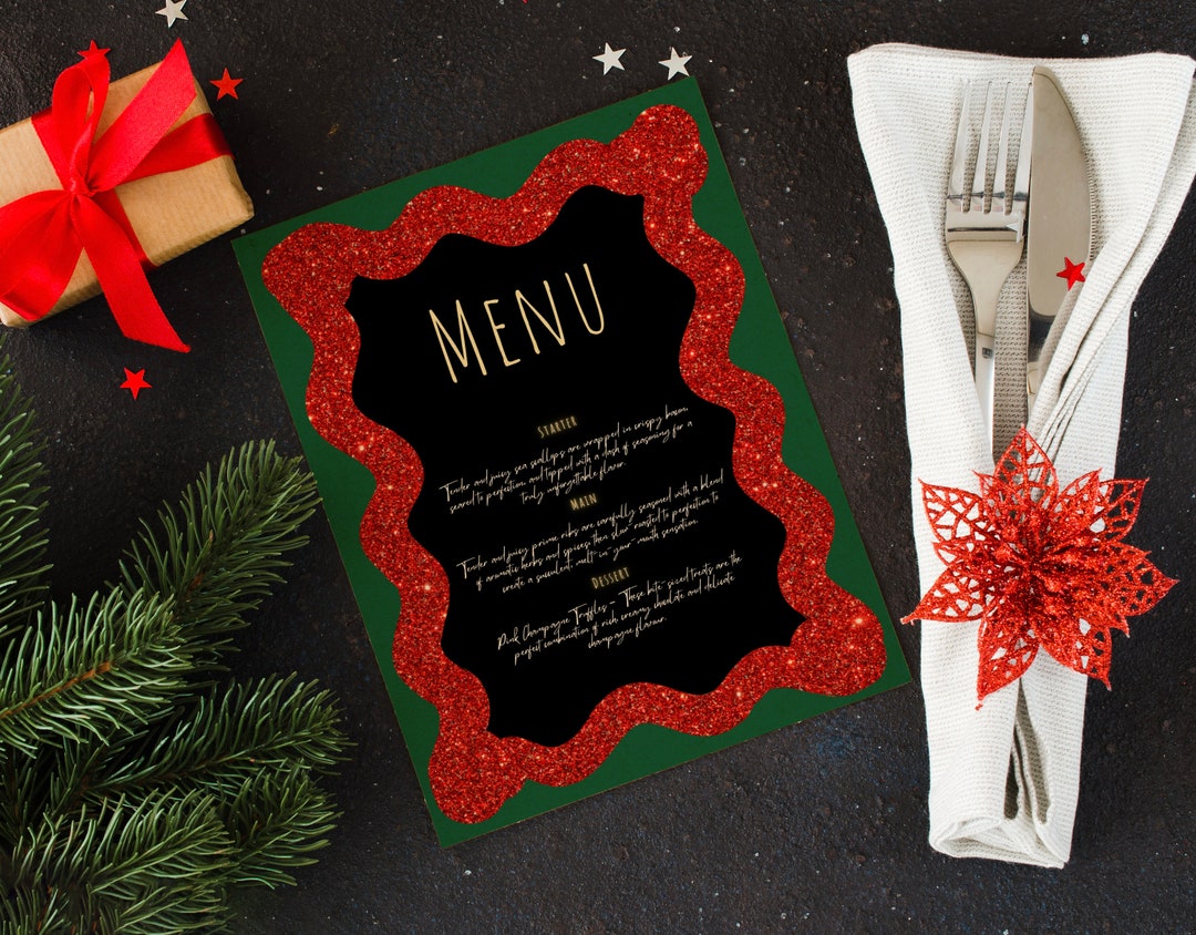 Customizable Christmas Dinner Menu Template, Wavy Border (digital ...