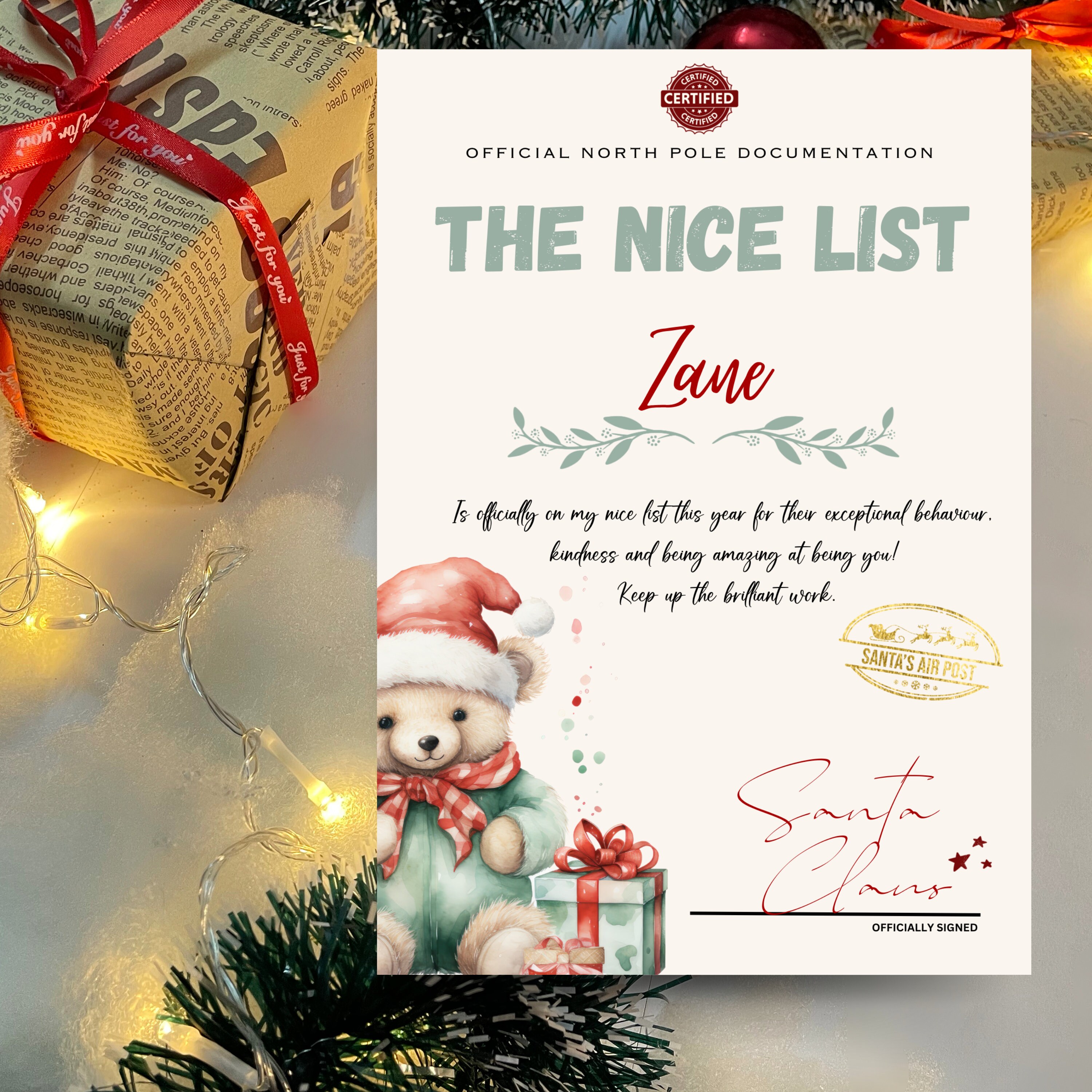 Personalized Nice List Certificate, Santa Claus Official Mail (digital ...