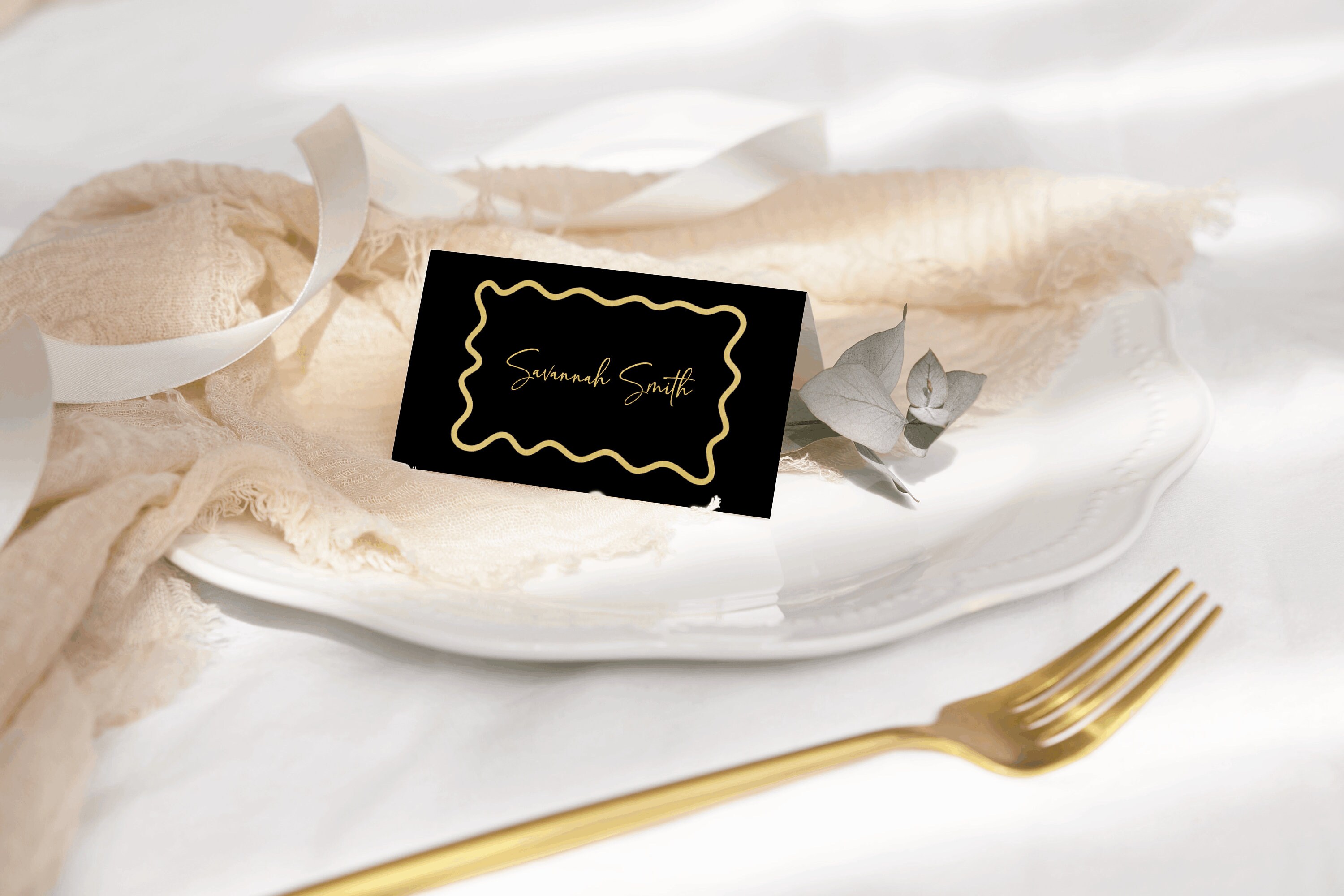 Name Seating Cards Templates Black With Wavy Gold Border Editable ...