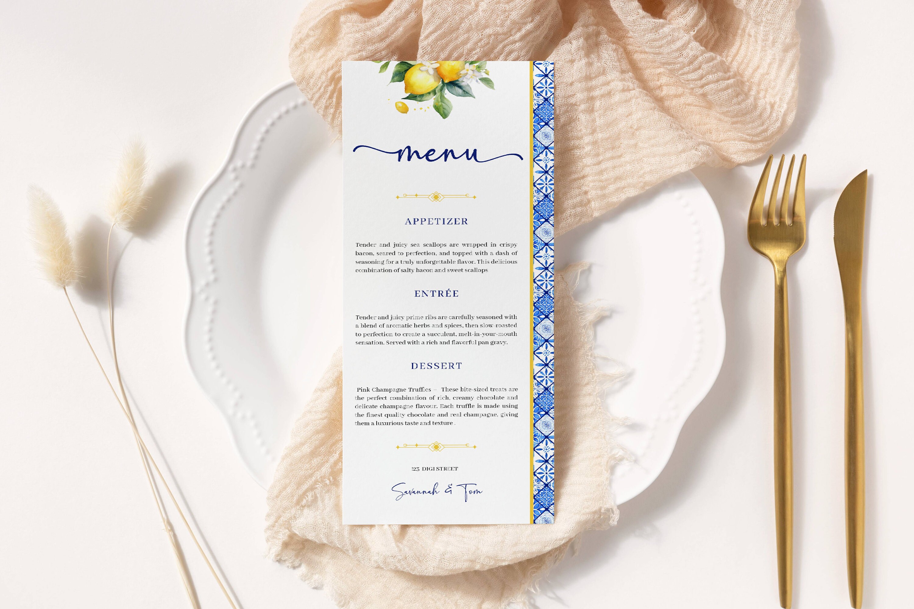 Wedding Menu Template Amalfi Italian Blue Editable Citrus Lemon ...