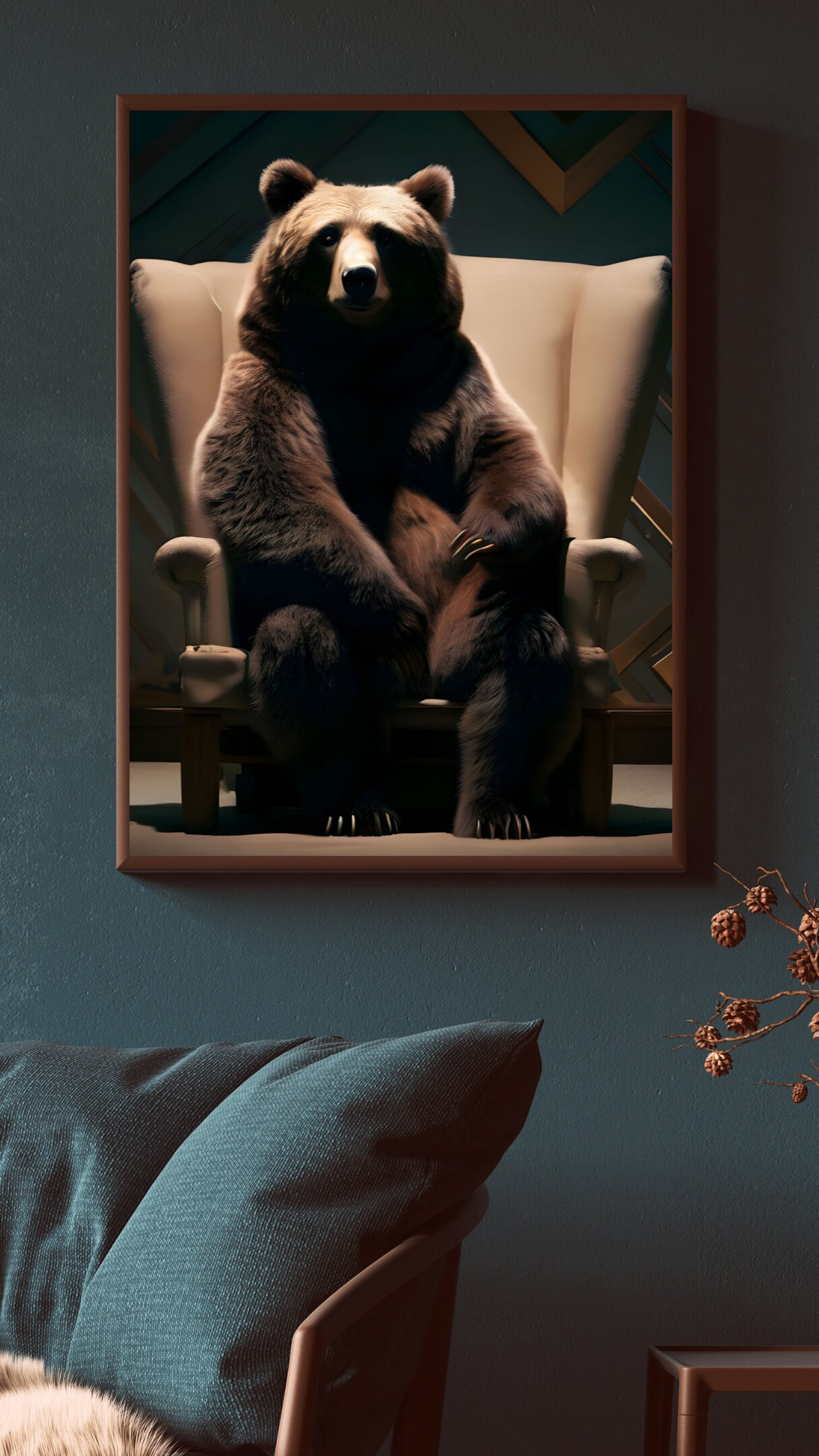 Wall Art Grizzly Bear Sitting on Chair Printable Dark Theme - Etsy