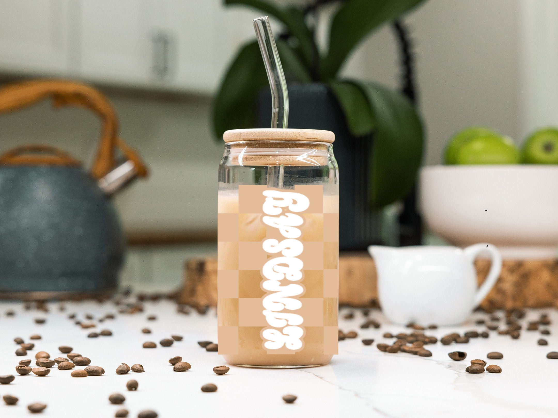 Custom Checkered Cup | Personalized Glass Cup | Iced Coffee Cup | 16 Oz ...