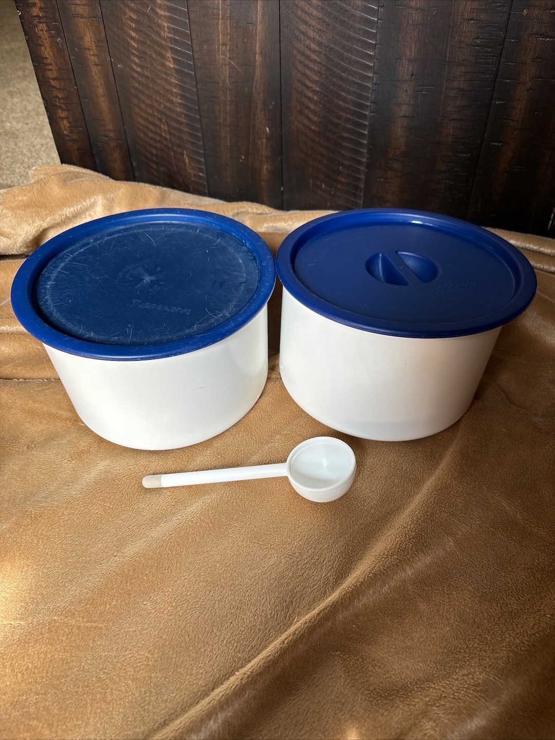 Tupperware Coffee House Canisters Set of 2 With Scoop Spoon Blue Lids ...