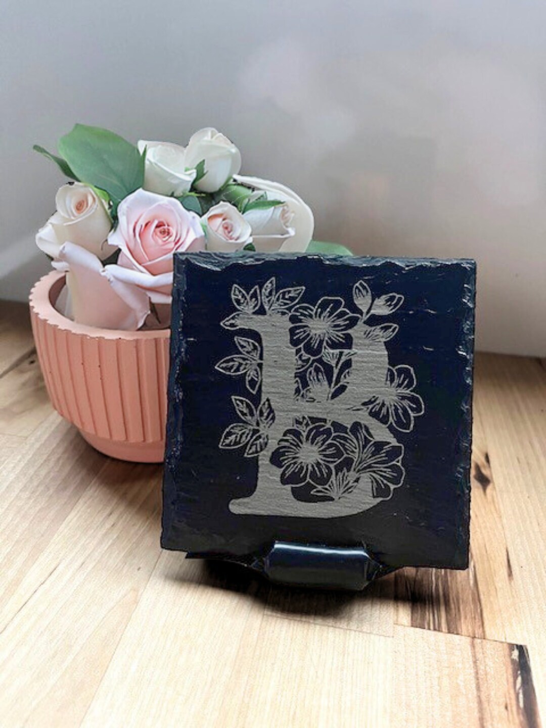 Personalized Monogram Flower-font Slate Coaster, Black Stone Coasters ...