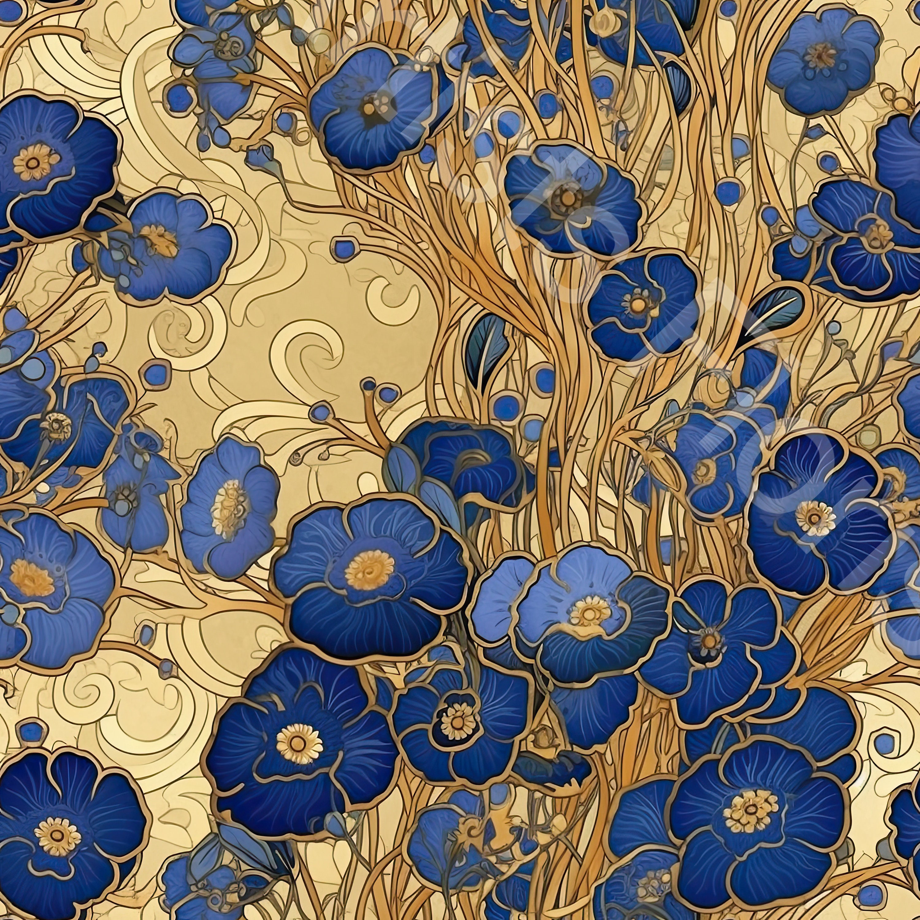Gustav Klimt-inspired Indigo Blossoms: Artisanal Digital Seamless Patterns Set - Etsy