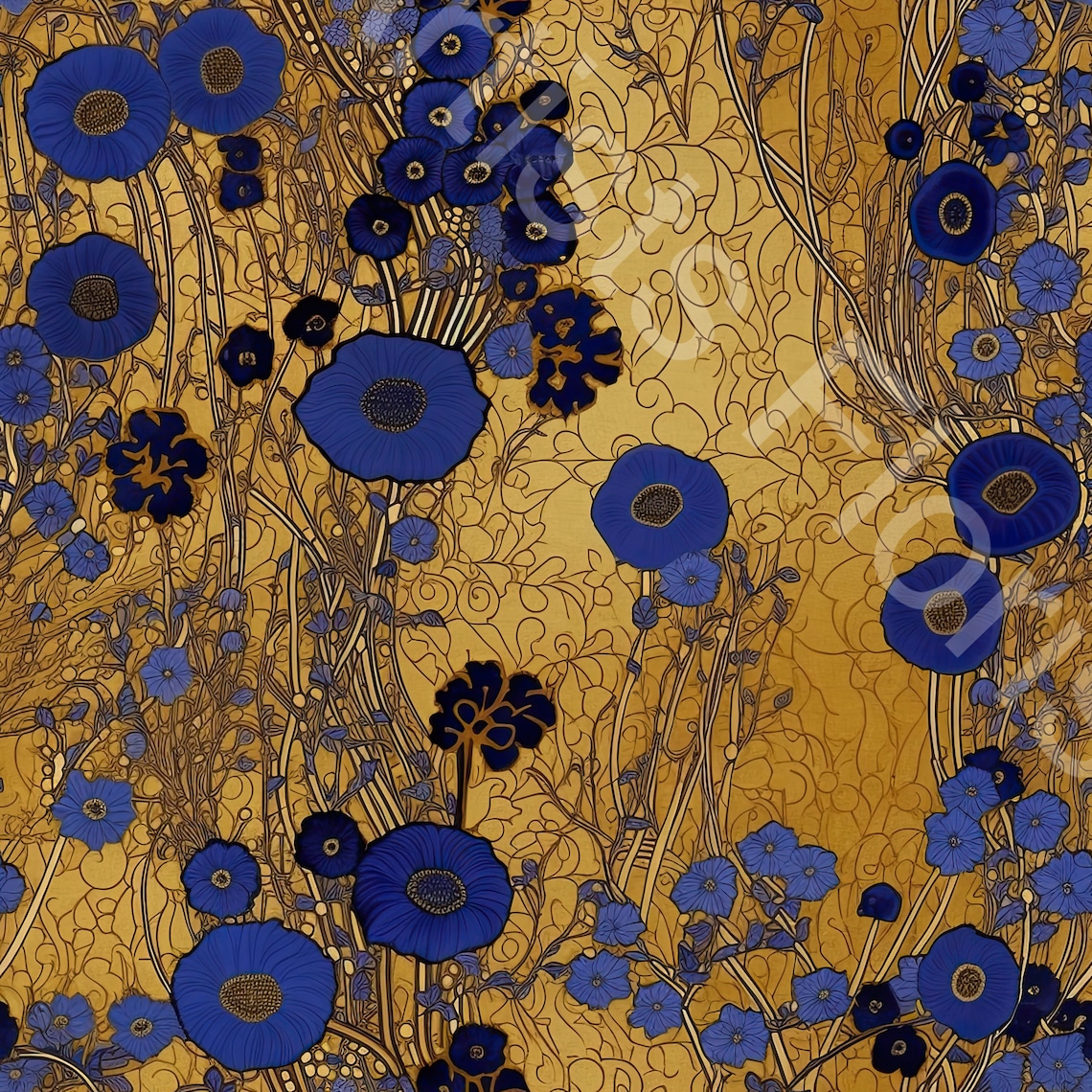 Gustav Klimt-inspired Indigo Blossoms: Artisanal Digital Seamless ...