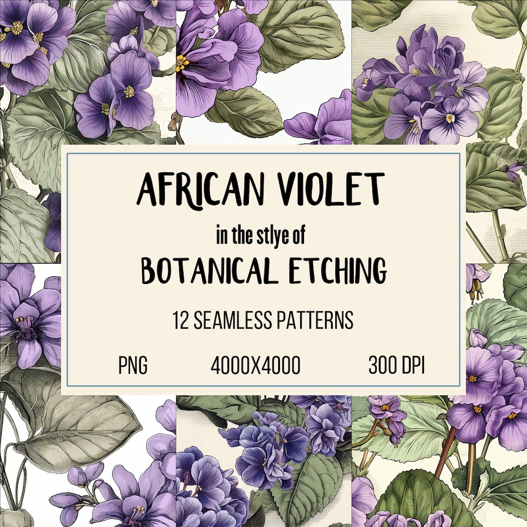 Violet Engravings: 12 Digital Patterns of African Violets in Botanical ...