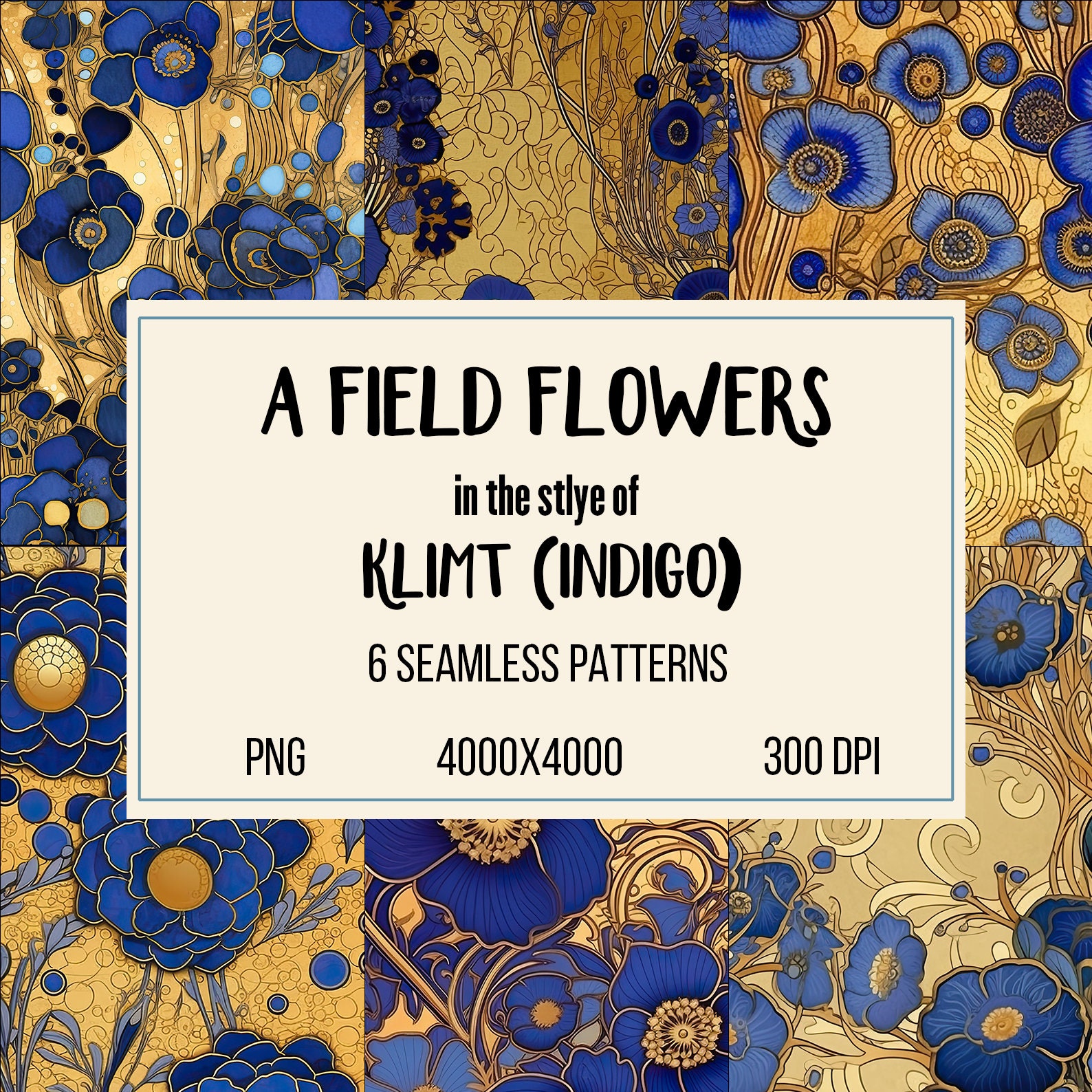 Gustav Klimt-inspired Indigo Blossoms: Artisanal Digital Seamless ...