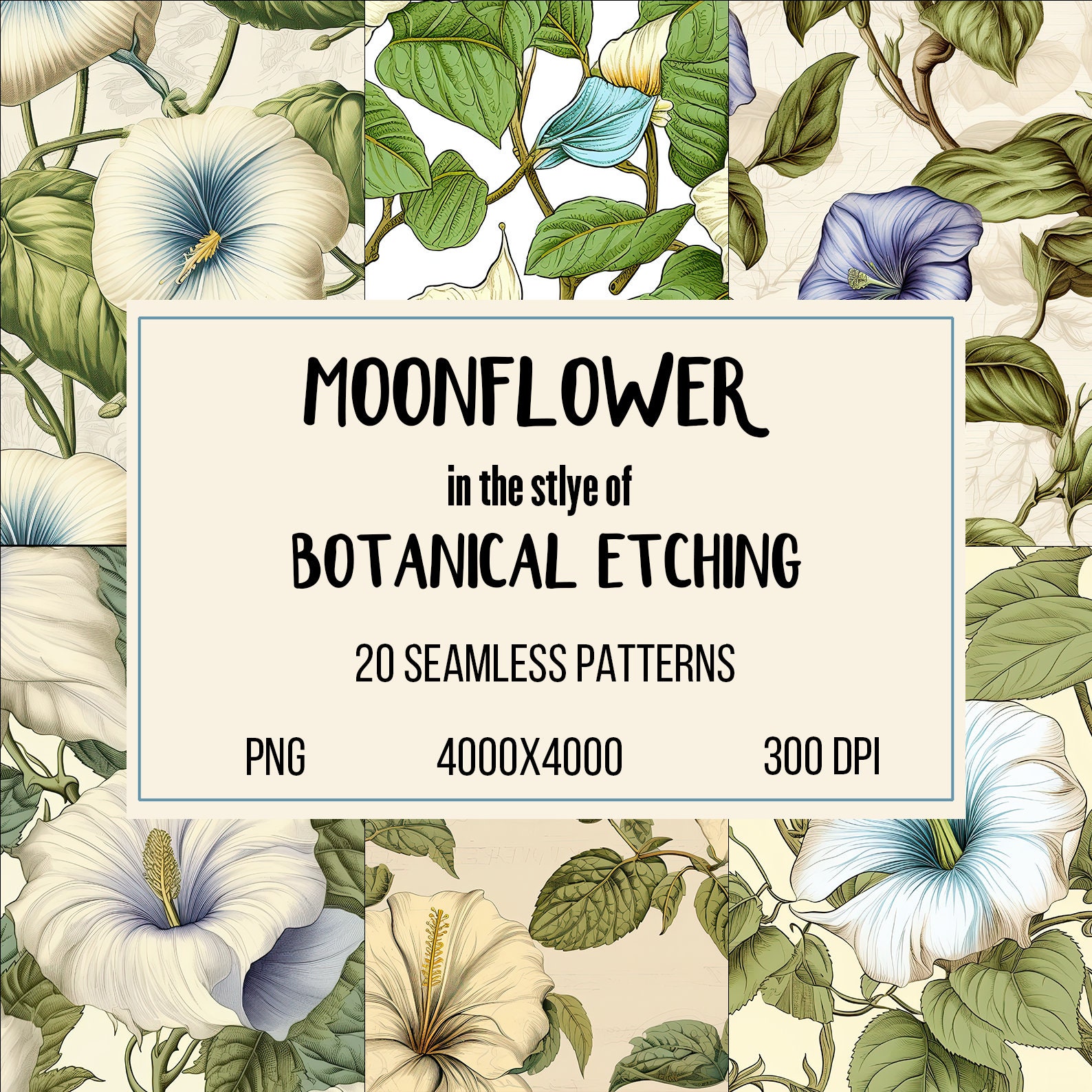 Witchy Night Blooms: 20 Moonflower Digital Patterns in Botanical ...