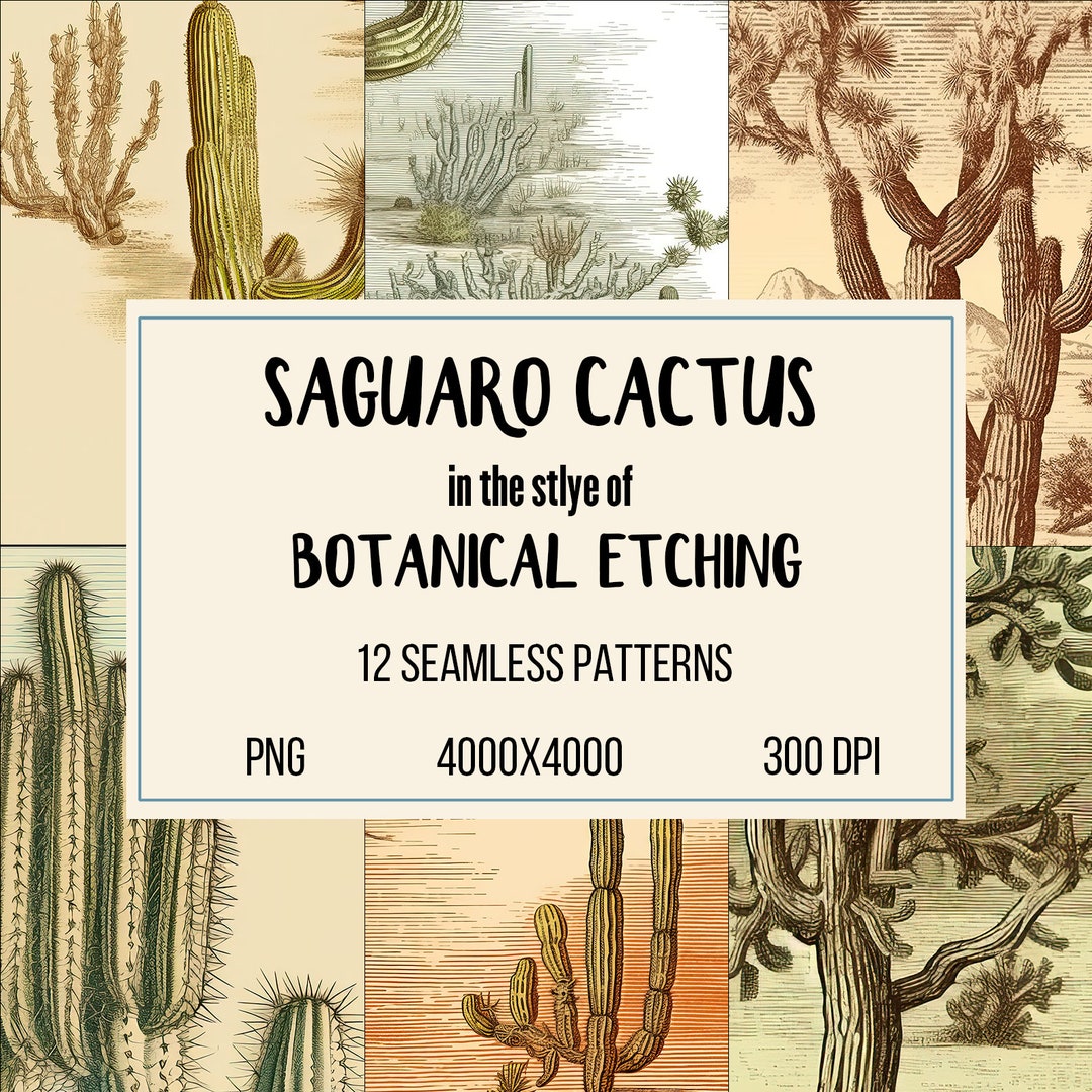 Desert Botanica: 12 Digital Patterns of Saguaro Cactus in Etching Style ...