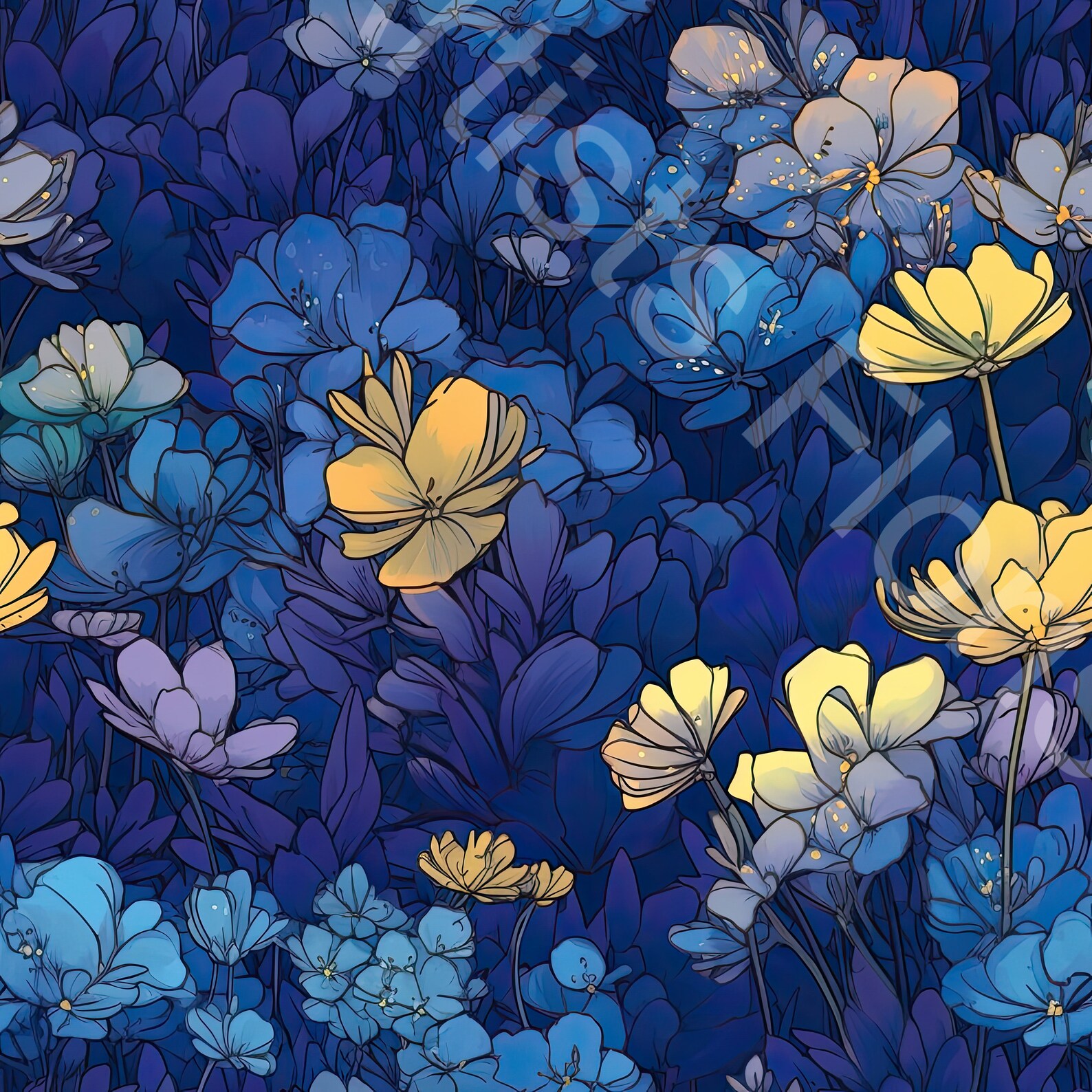 Maxfield Parrish Inspired Digital Patterns: Mystical Indigo Floral ...