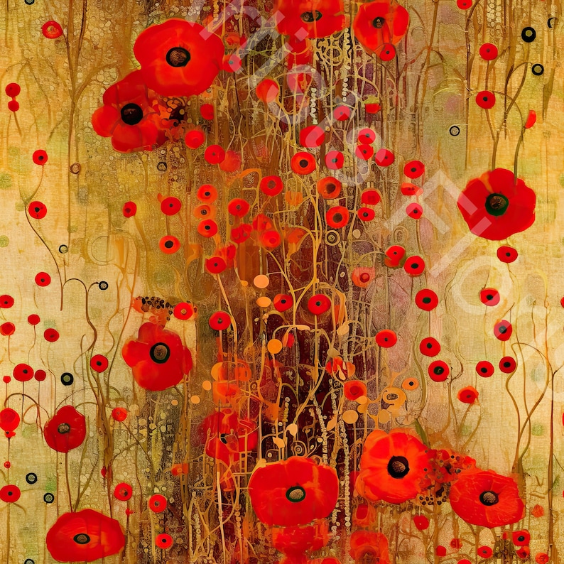Gustav Klimt-inspired Digital Seamless Patterns: Luxurious Red Floral ...