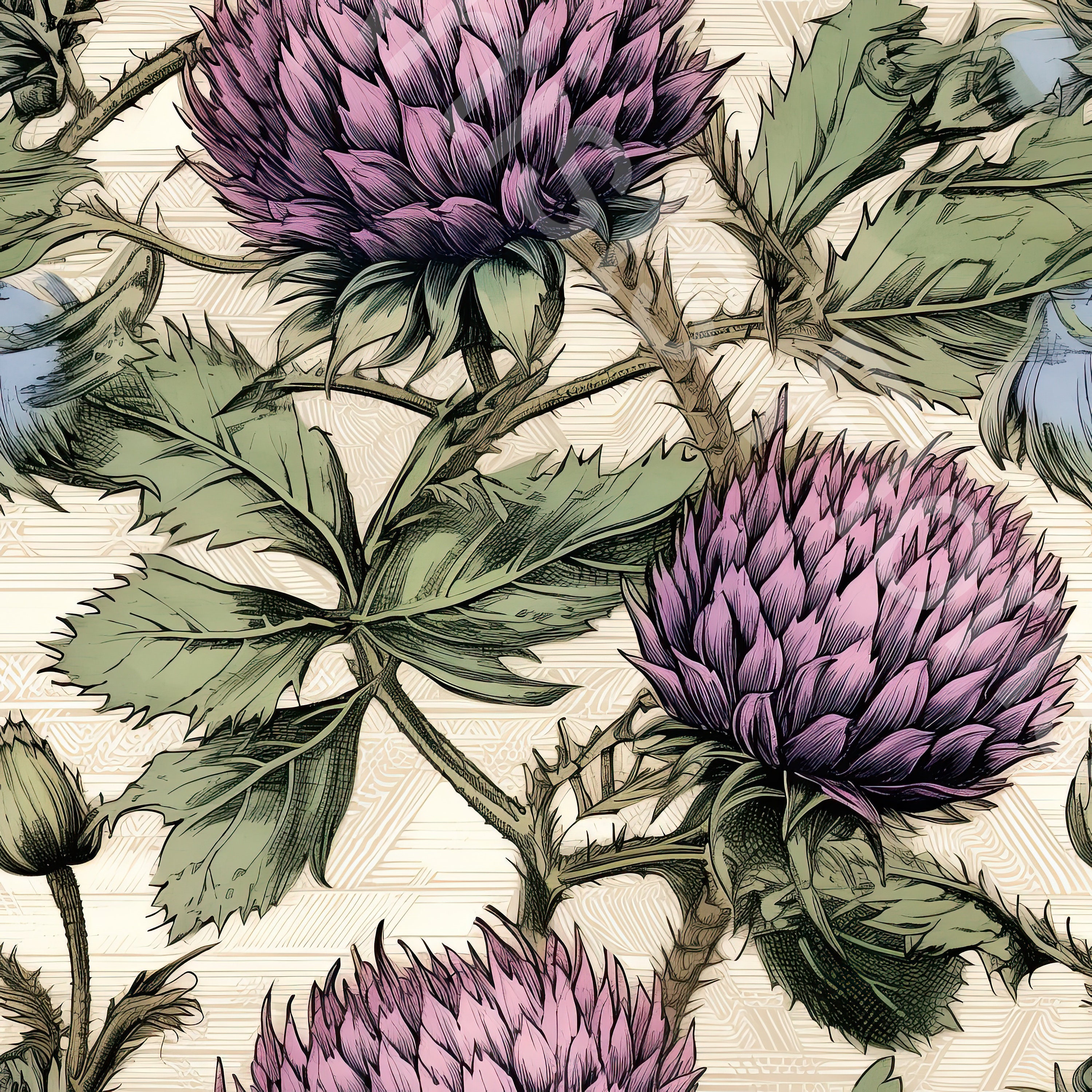 Thistle Tapestry: 12 Digital Seamless Patterns in Botanical Etching ...