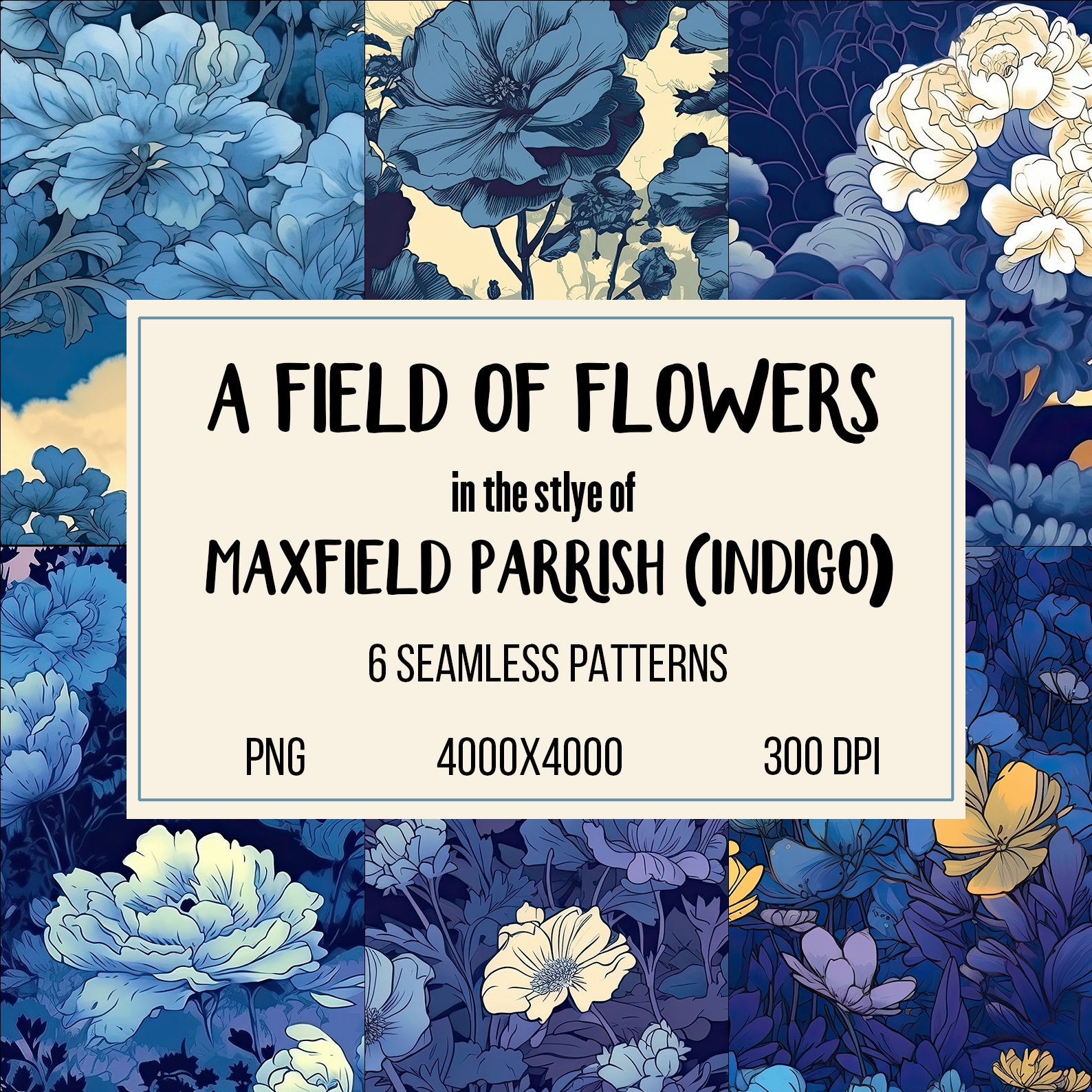 Maxfield Parrish Inspired Digital Patterns: Mystical Indigo Floral ...