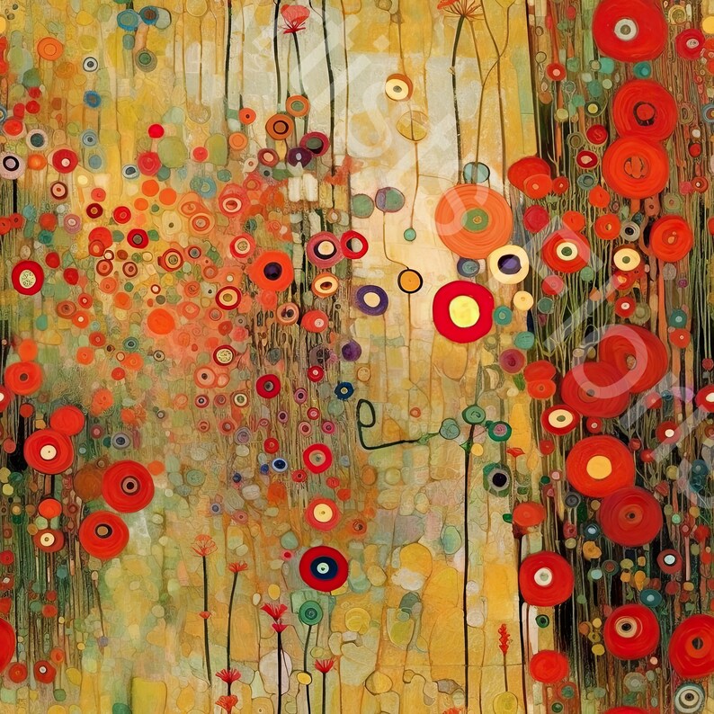 Gustav Klimt-inspired Digital Seamless Patterns: Luxurious Red Floral ...