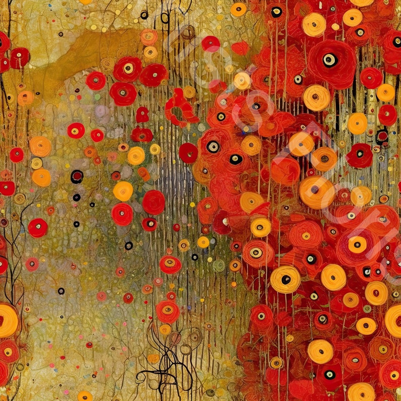 Gustav Klimt-inspired Digital Seamless Patterns: Luxurious Red Floral ...