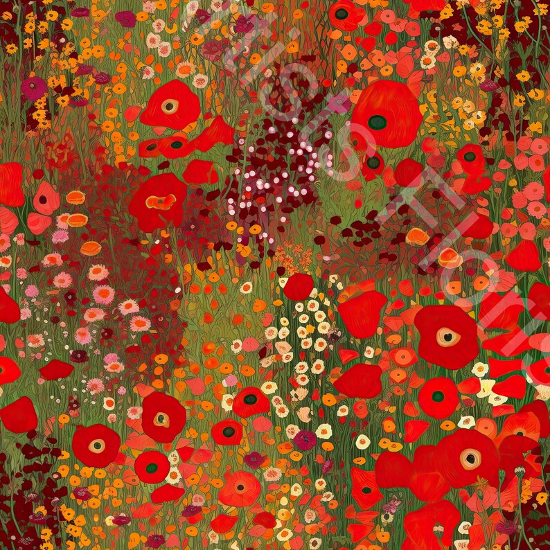 Gustav Klimt-inspired Digital Seamless Patterns: Luxurious Red Floral ...