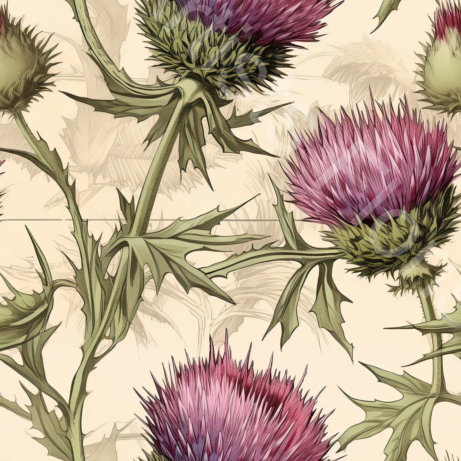 Thistle Tapestry: 12 Digital Seamless Patterns in Botanical Etching ...